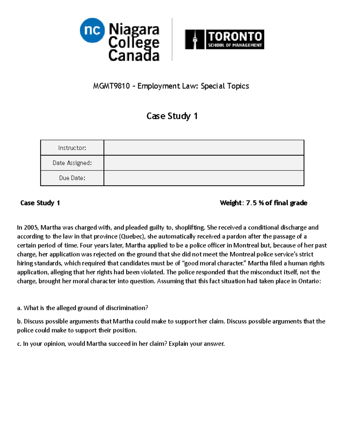 Case Study 1-1 - MGMT9810 – Employment Law: Special Topics Case Study 1 ...