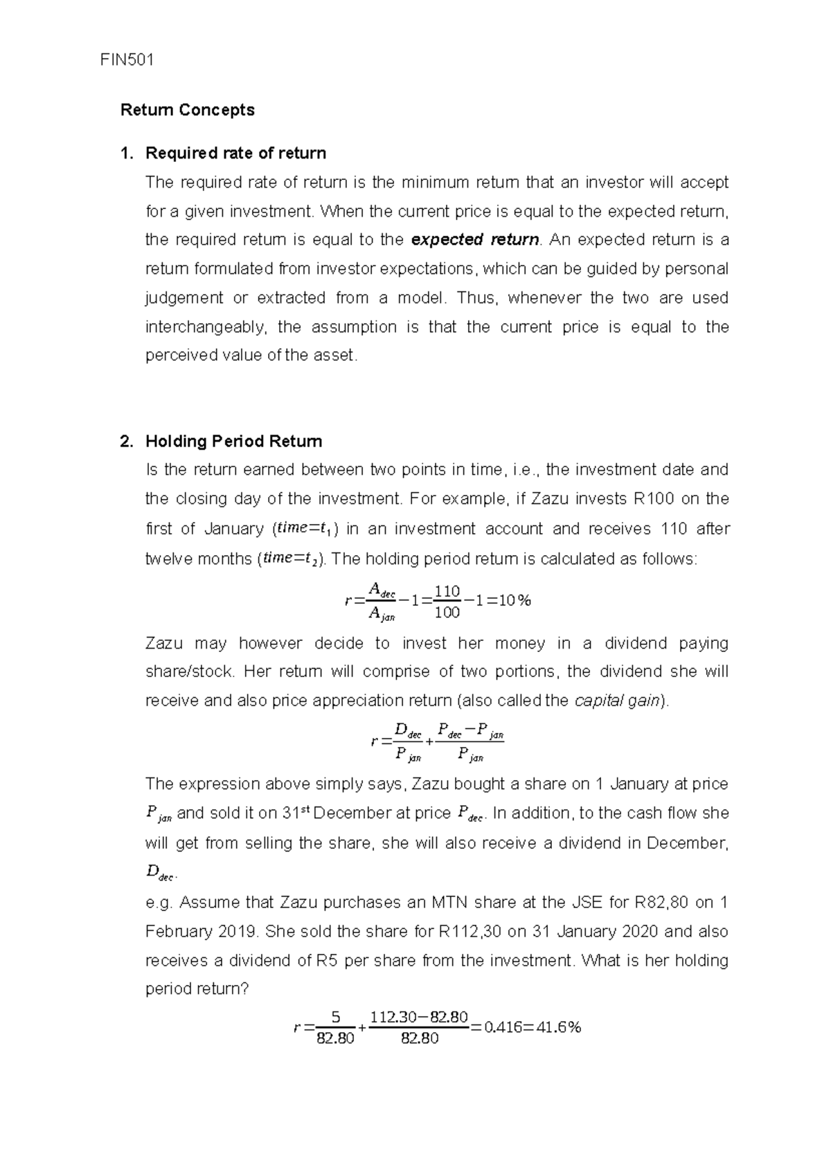 Return Concepts - Return Concepts Required rate of return The required ...