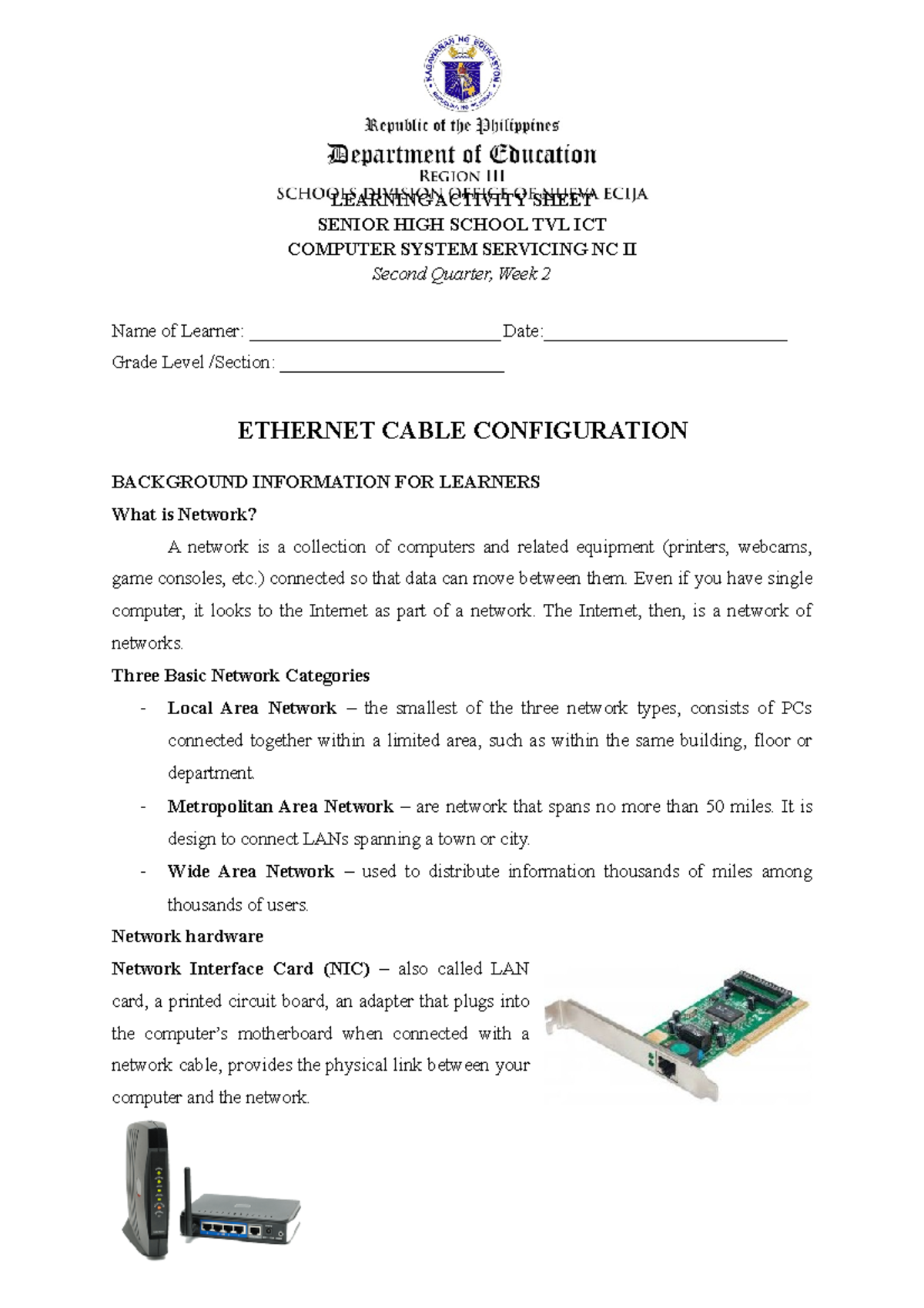 WEEK 2 Ethernet Cable Configuration - LEARNING ACTIVITY SHEET SENIOR ...