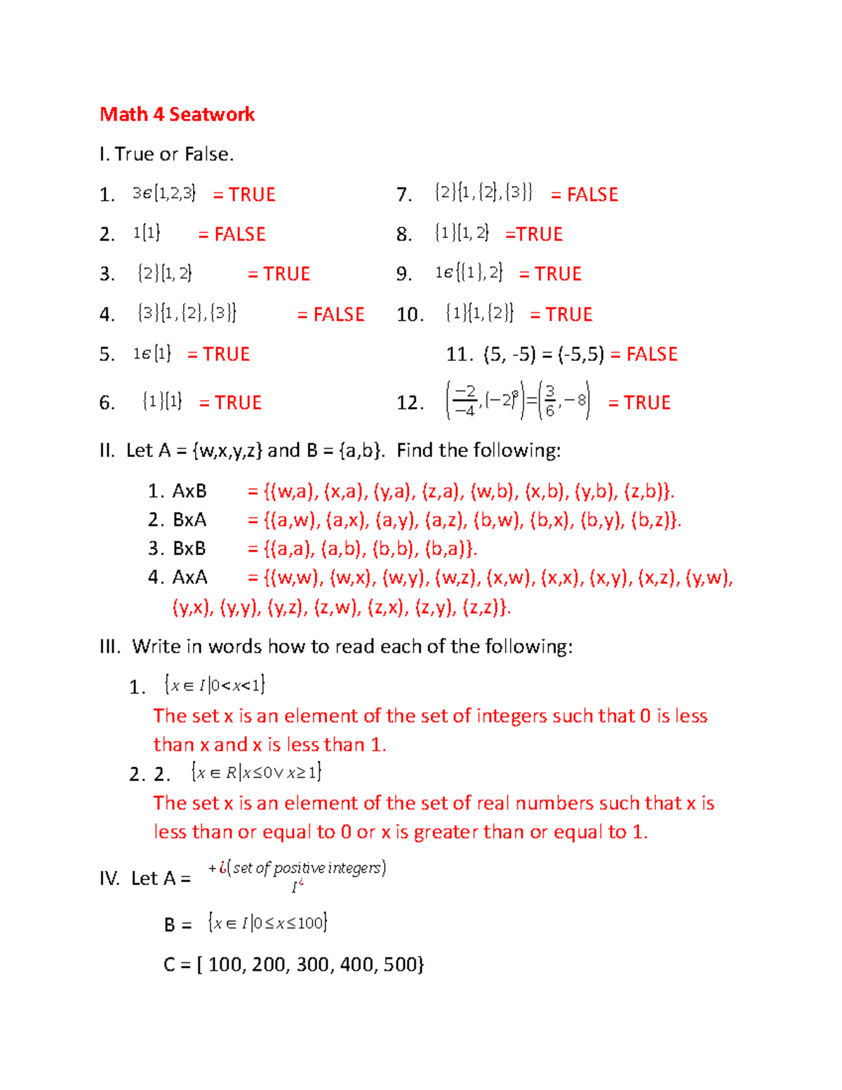 Mathematics 4 Seatwork with Answers_ Mathematics 4 Seatwork with ...