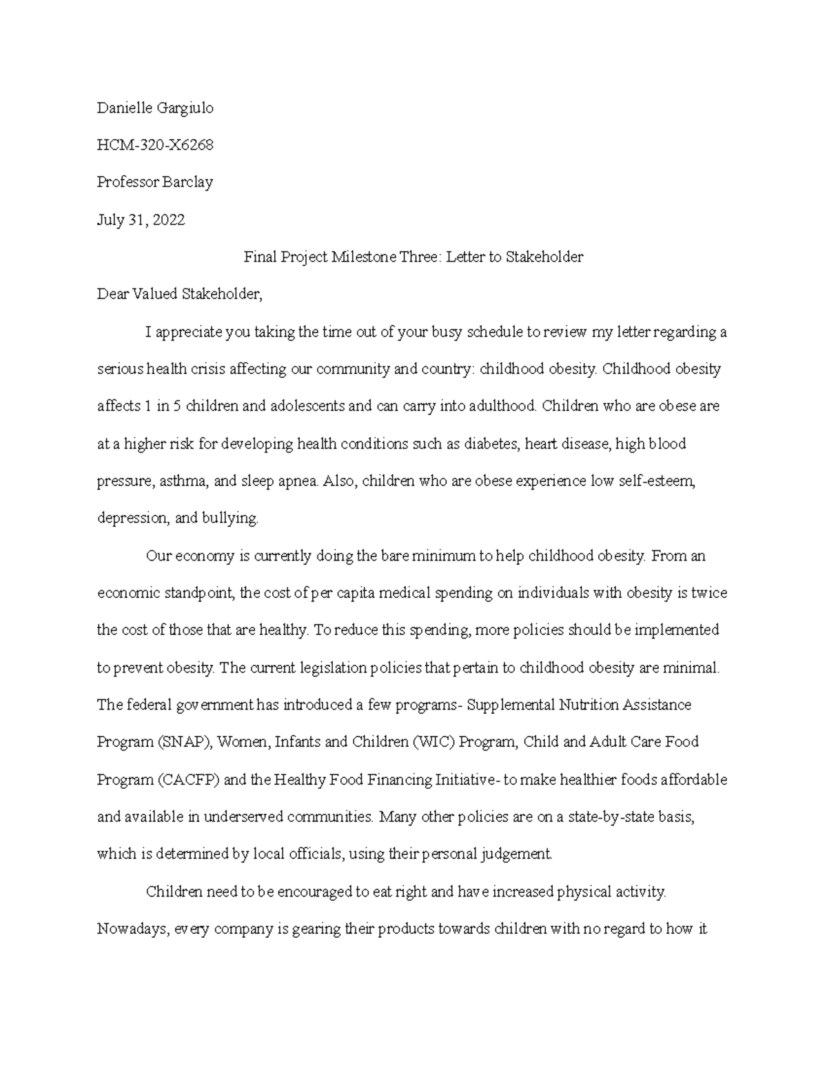 HCM Milestone Three - essay - Danielle Gargiulo HCM-320-X Professor ...