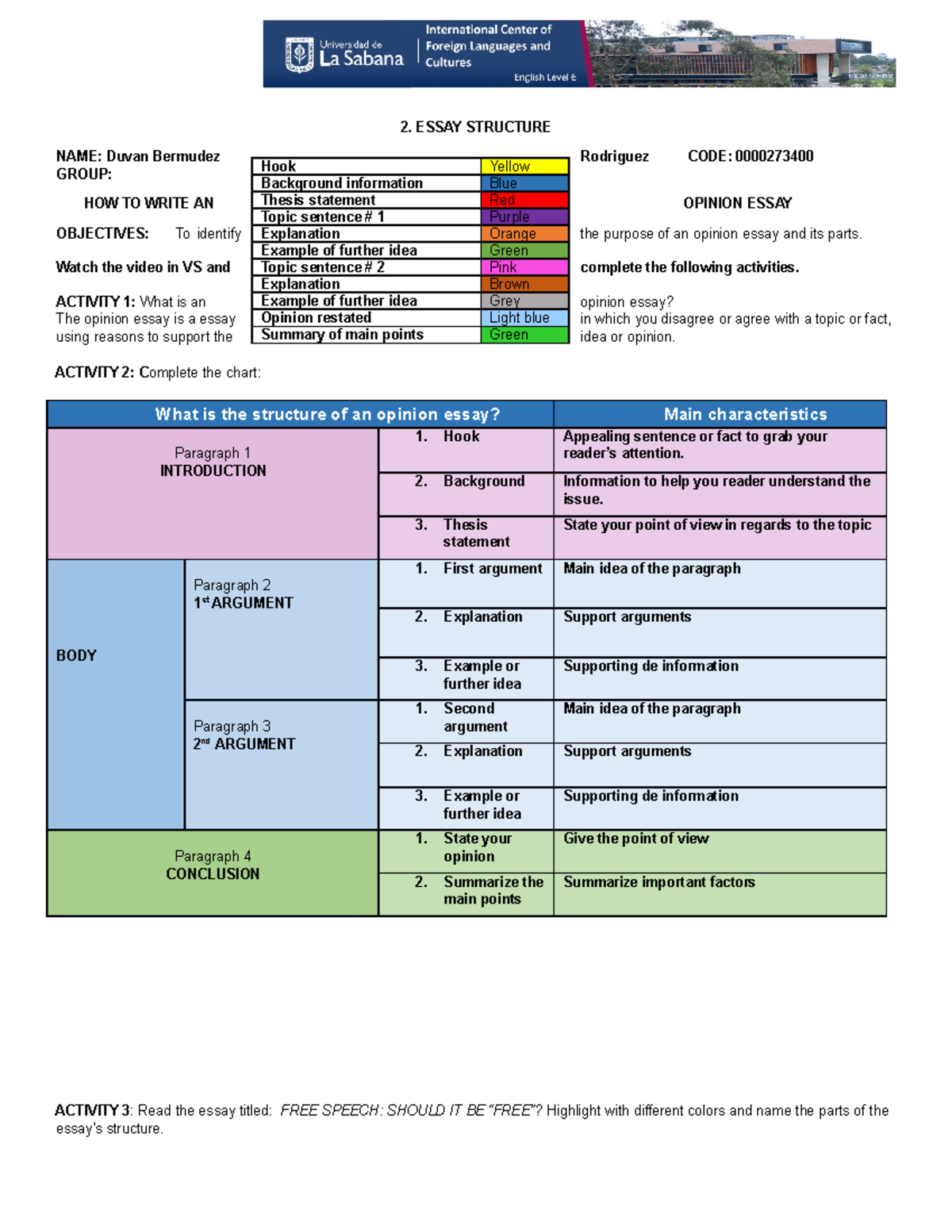 2. Essay Structure - mnknl - 2. ESSAY STRUCTURE NAME: Duvan Bermudez ...