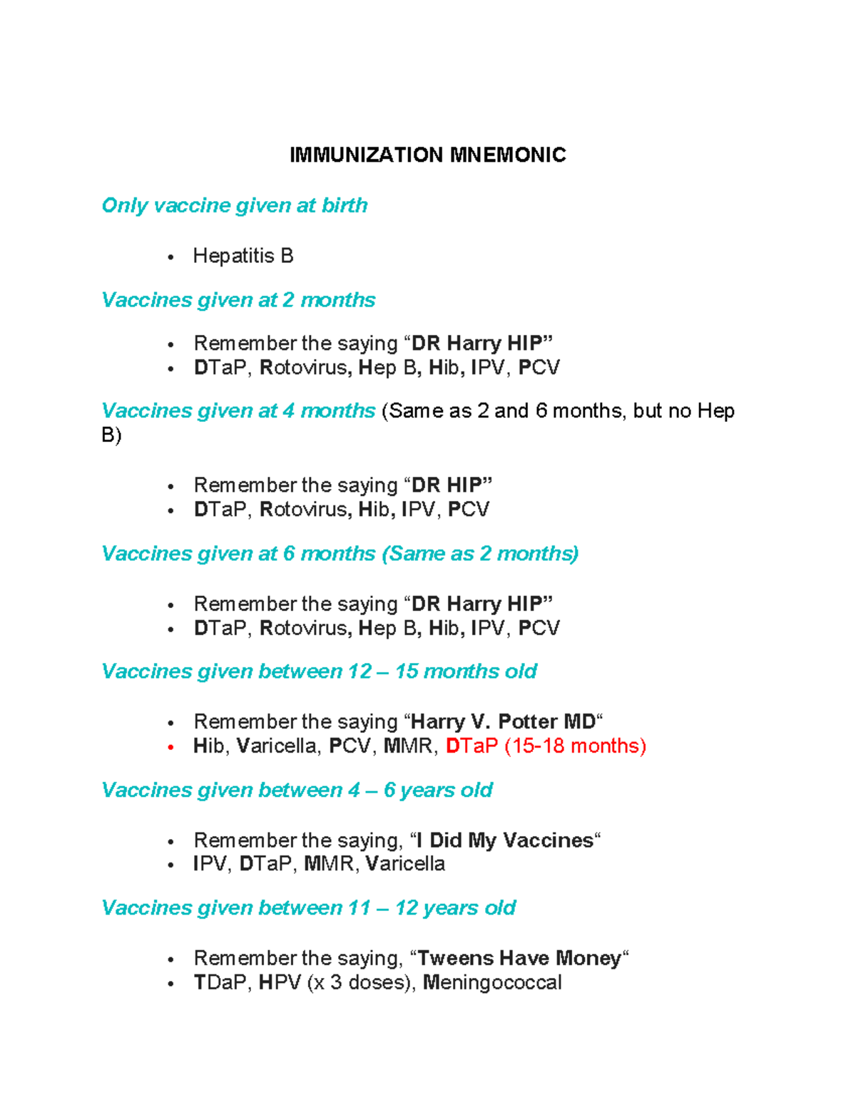 Immunization Mnemonic - IMMUNIZATION MNEMONIC Only vaccine given at ...