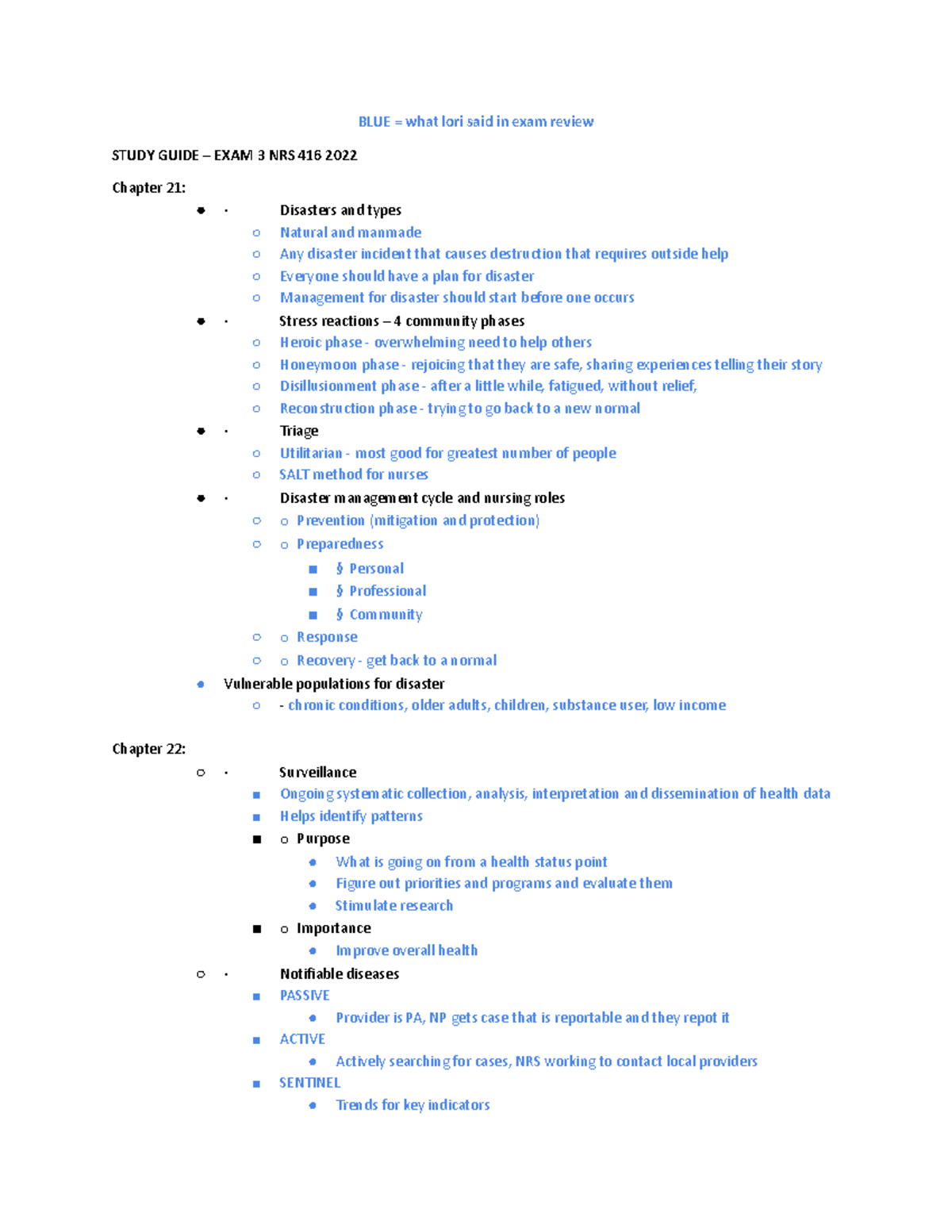 416 E3 review + practice questions - BLUE = what lori said in exam ...