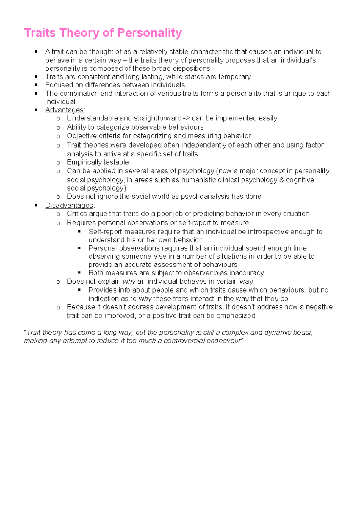 Lecture Notes Lecture 1 7 Traits Theory Of Personality Traits