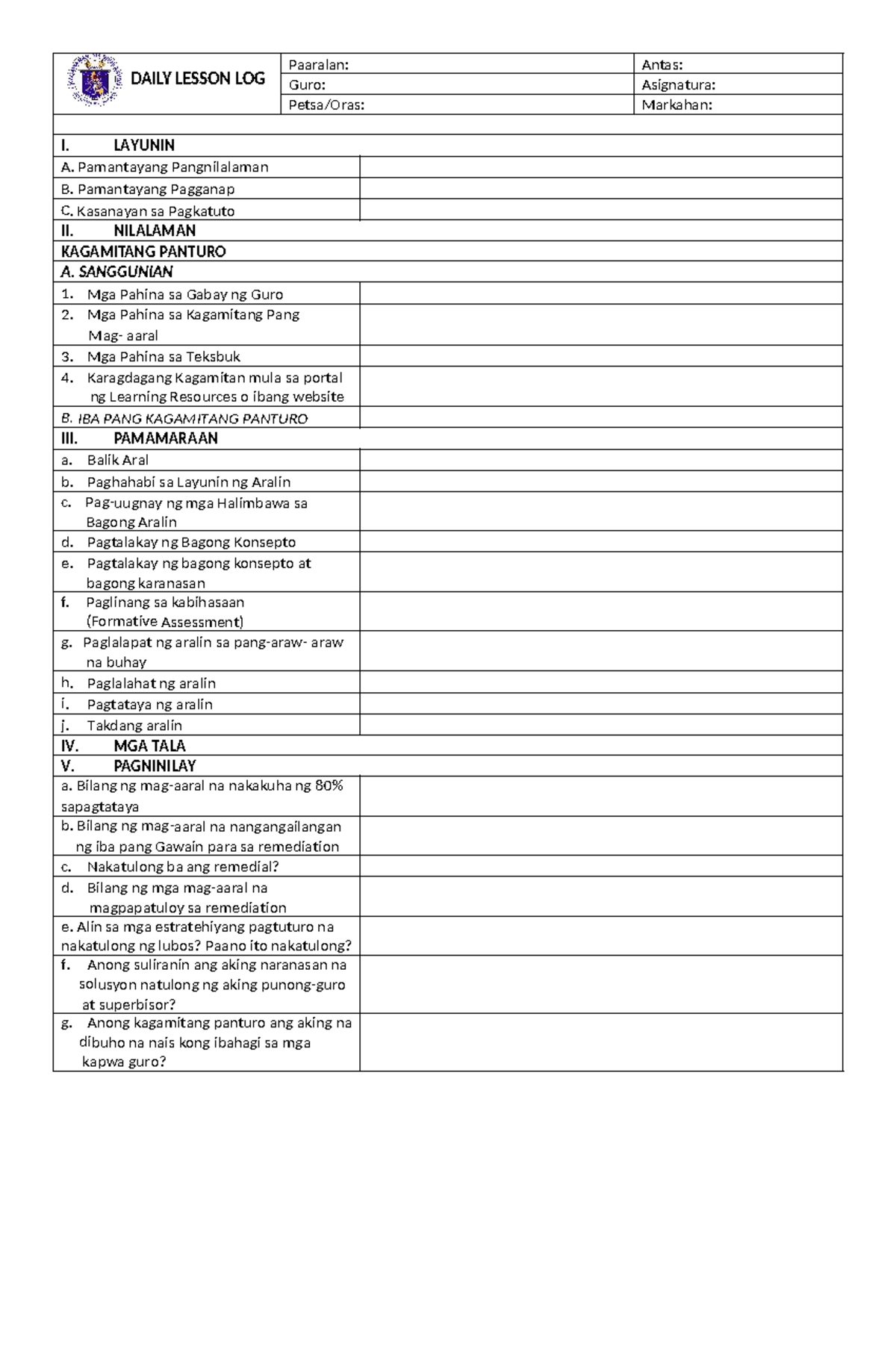 DLL Tagalog Format - Daily Lesson Log - Paaralan: Antas: Guro ...