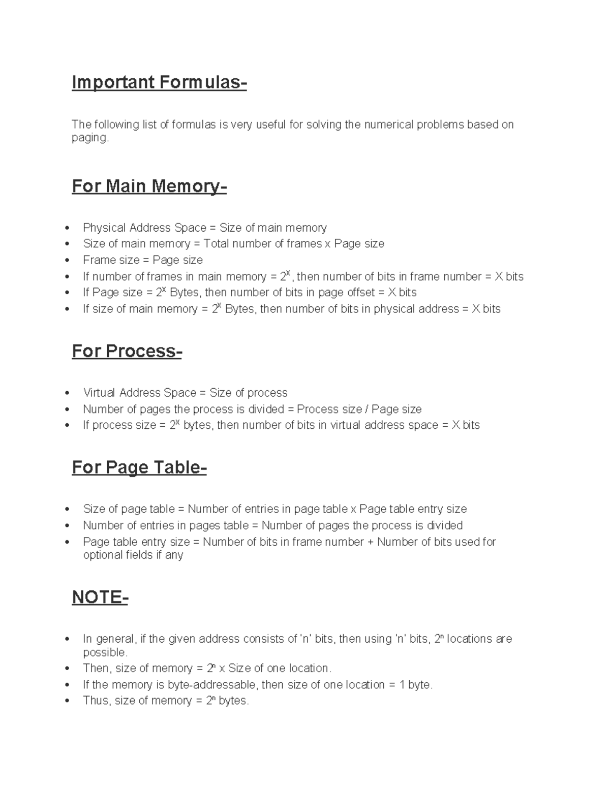Paging formula - Important Formulas- The following list of formulas is very useful for solving ...
