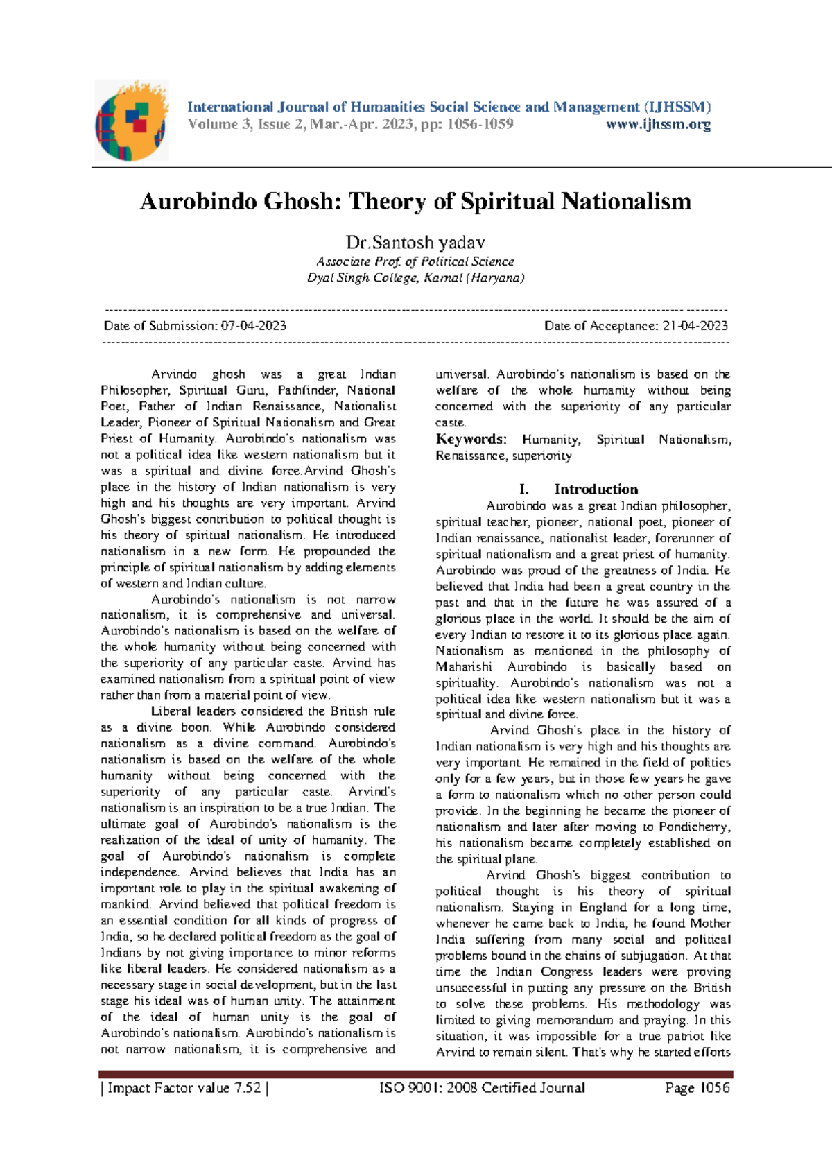 Aurobindo Ghosh Theory of Spiritual Nationalism - Volume 3, Issue 2 ...