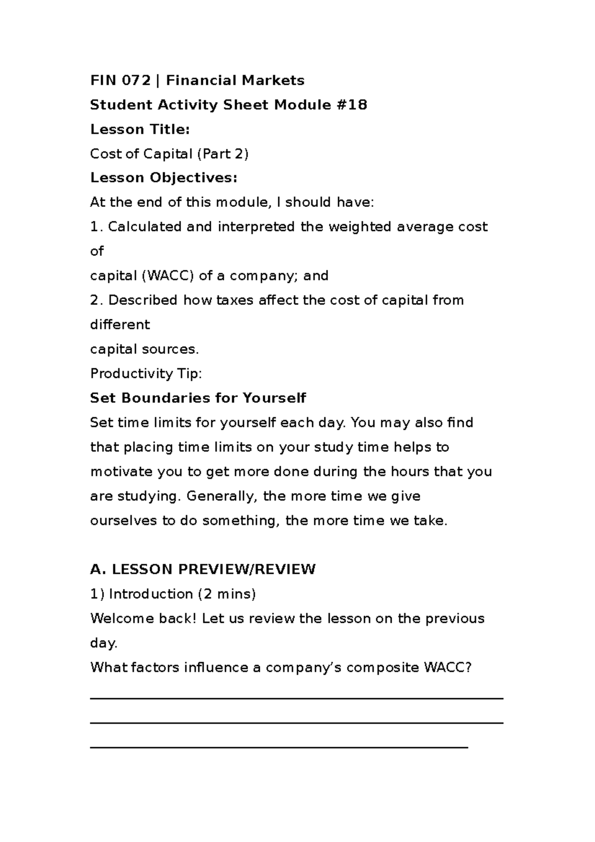 FIN 072 - Financial Markets 18 - FIN 072 | Financial Markets Student ...