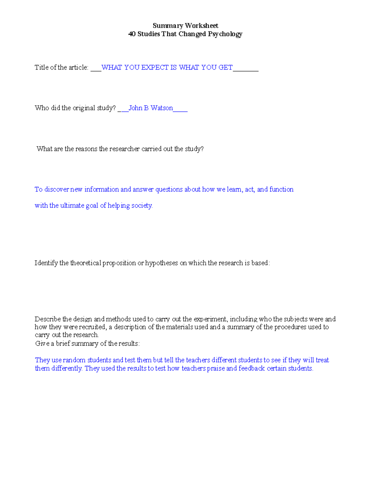 Isabella Lord - 40-studies-summary - Summary Worksheet 40 Studies That ...