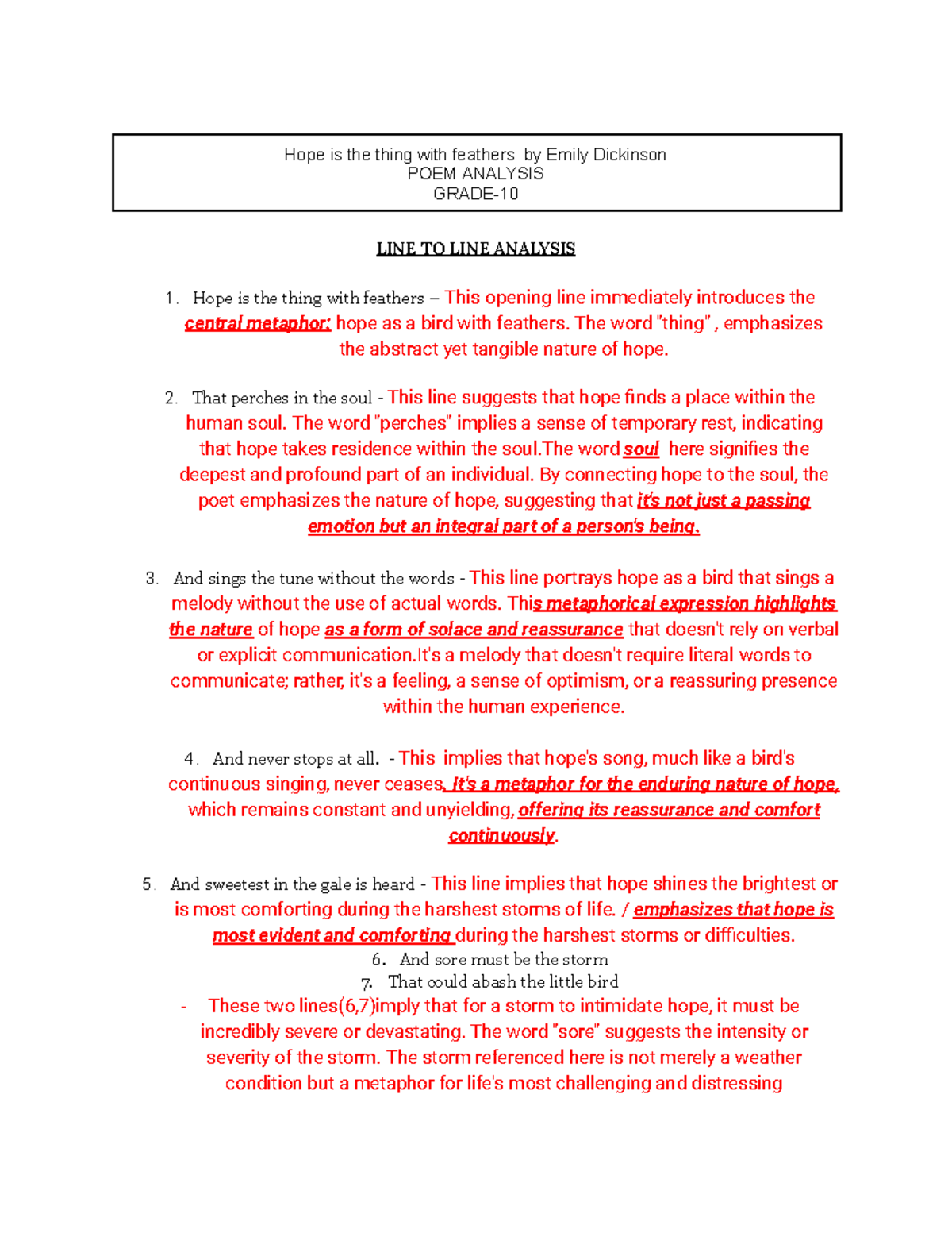 Hope is the Thing With Feathers Grade 10 Analysis - Hope is the thing ...
