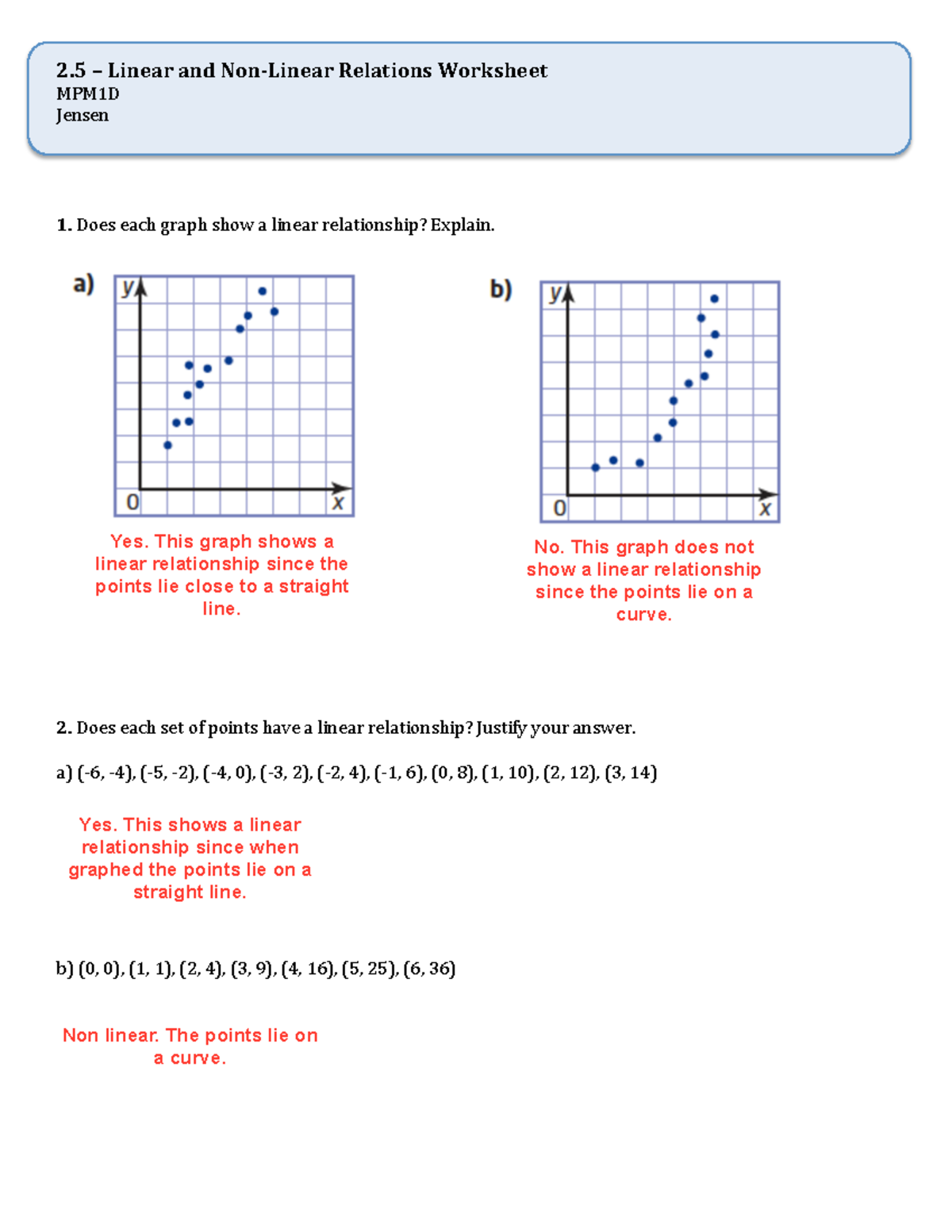 2 - Class notes - 2 – Linear and Non-­‐Linear Relations Worksheet MPM1D ...