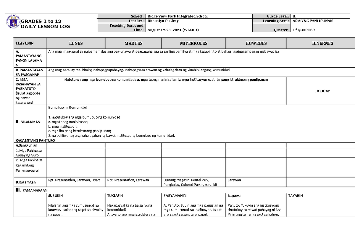 DLL Makabansa 2 Q1 W4 - its helpful for those students - GRADES 1 to 12 DAILY LESSON LOG School ...