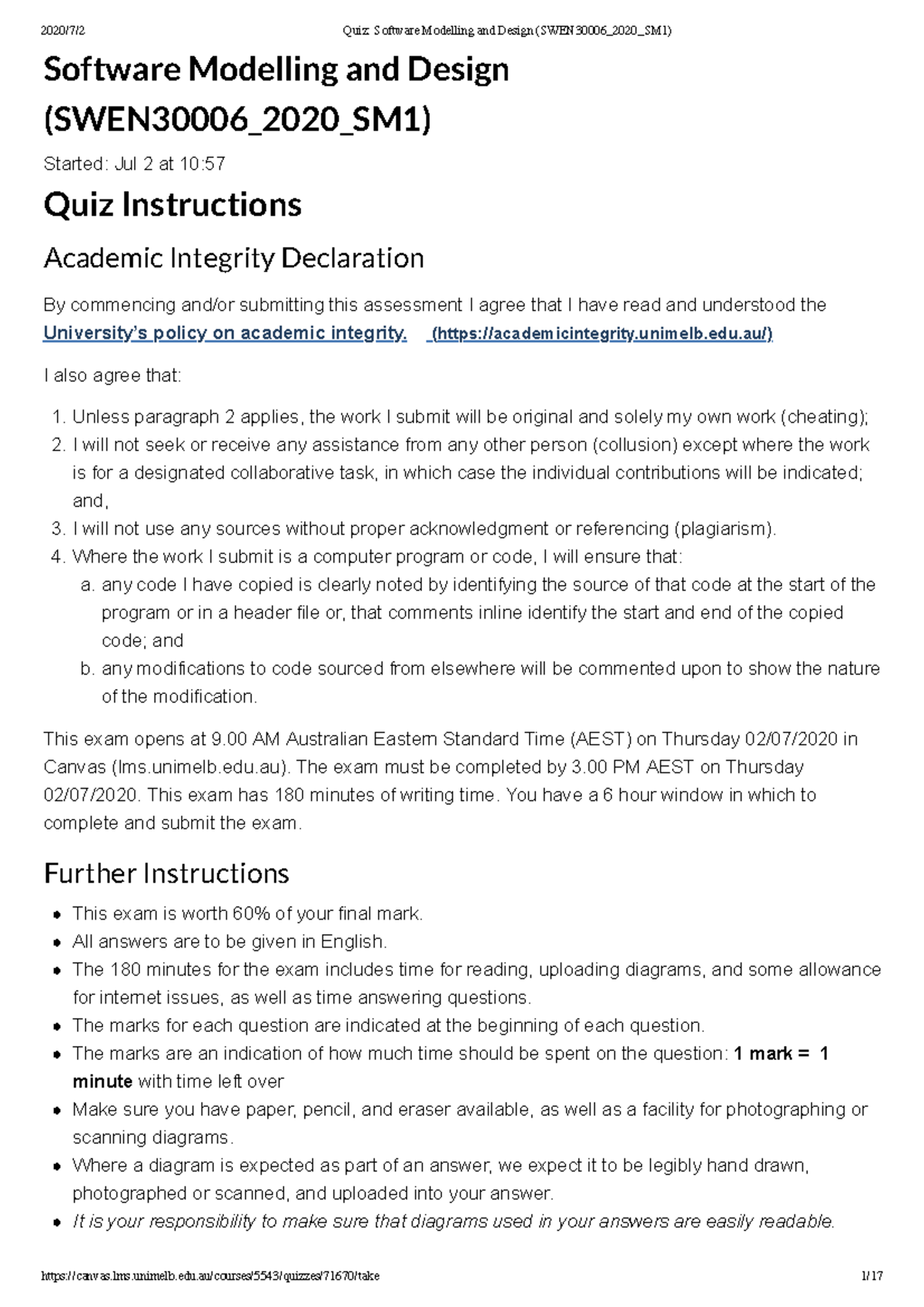 2020S1SMD - final exam - Software Modelling and Design (SWEN30006_2020_SM1) Started: Jul 2 at 10 ...