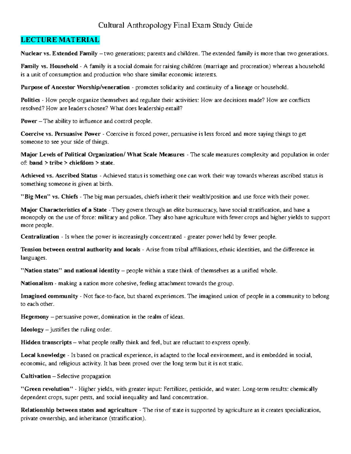 Cultural Anthropology Final Study Guide - Cultural Anthropology Final ...