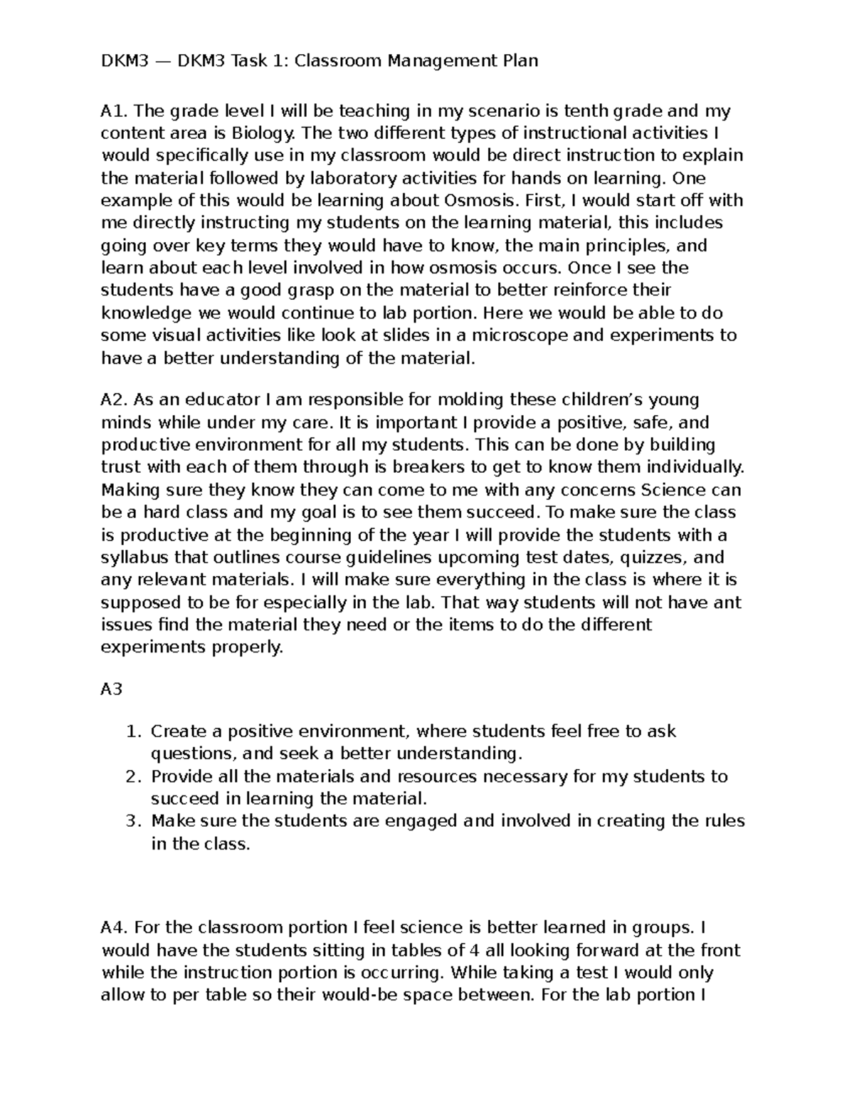 Classroom Management Plan - The grade level I will be teaching in my ...