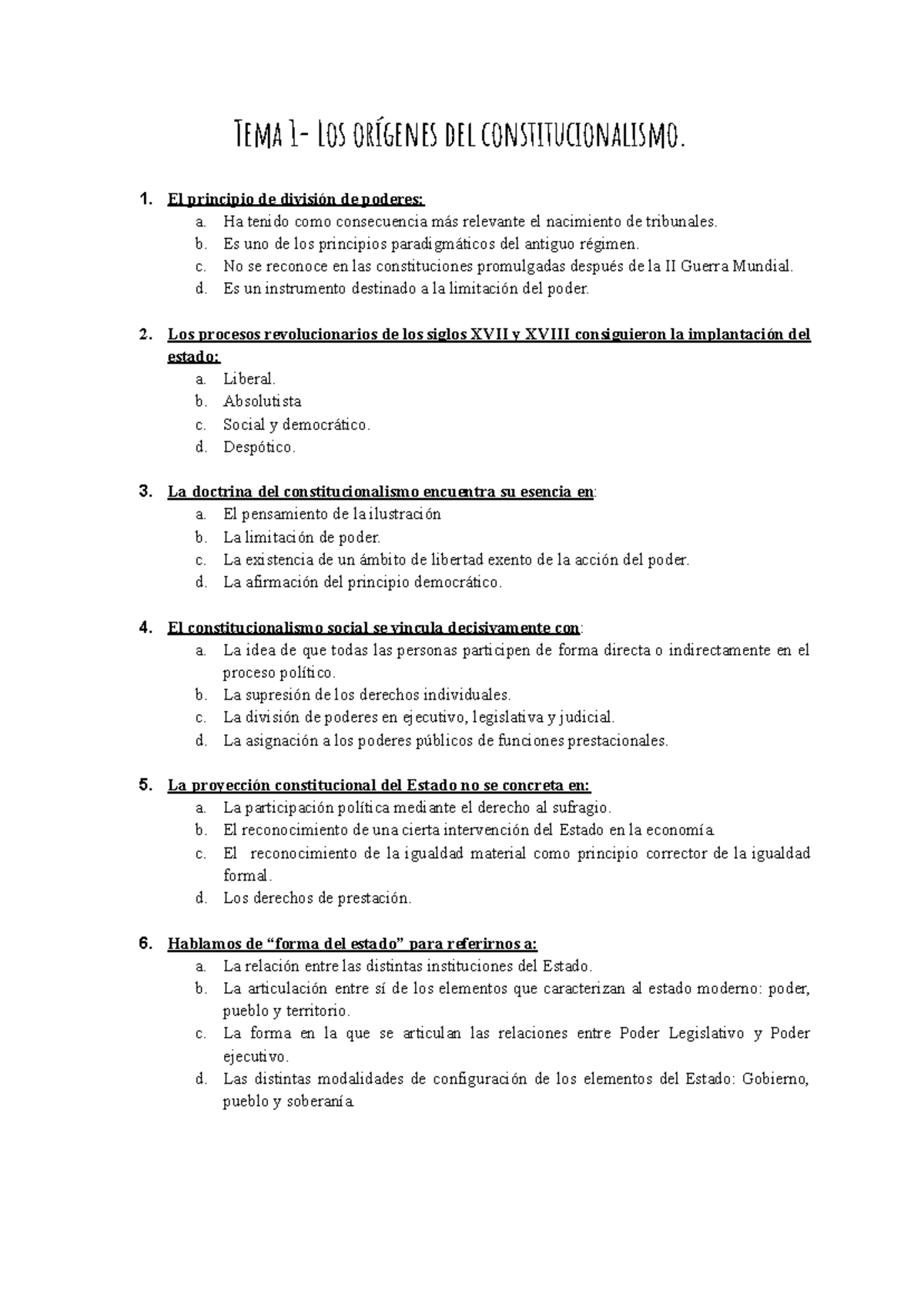Batería de consti - Tema 1- Los orígenes del constitucionalismo. El principio de división de ...