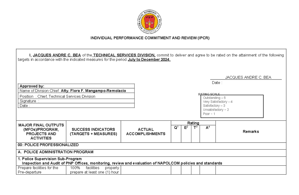 IPCT 2024 JAC - sadasd - INDIVIDUAL PERFORMANCE COMMITMENT AND REVIEW (IPCR) I, JACQUES ANDRE C ...