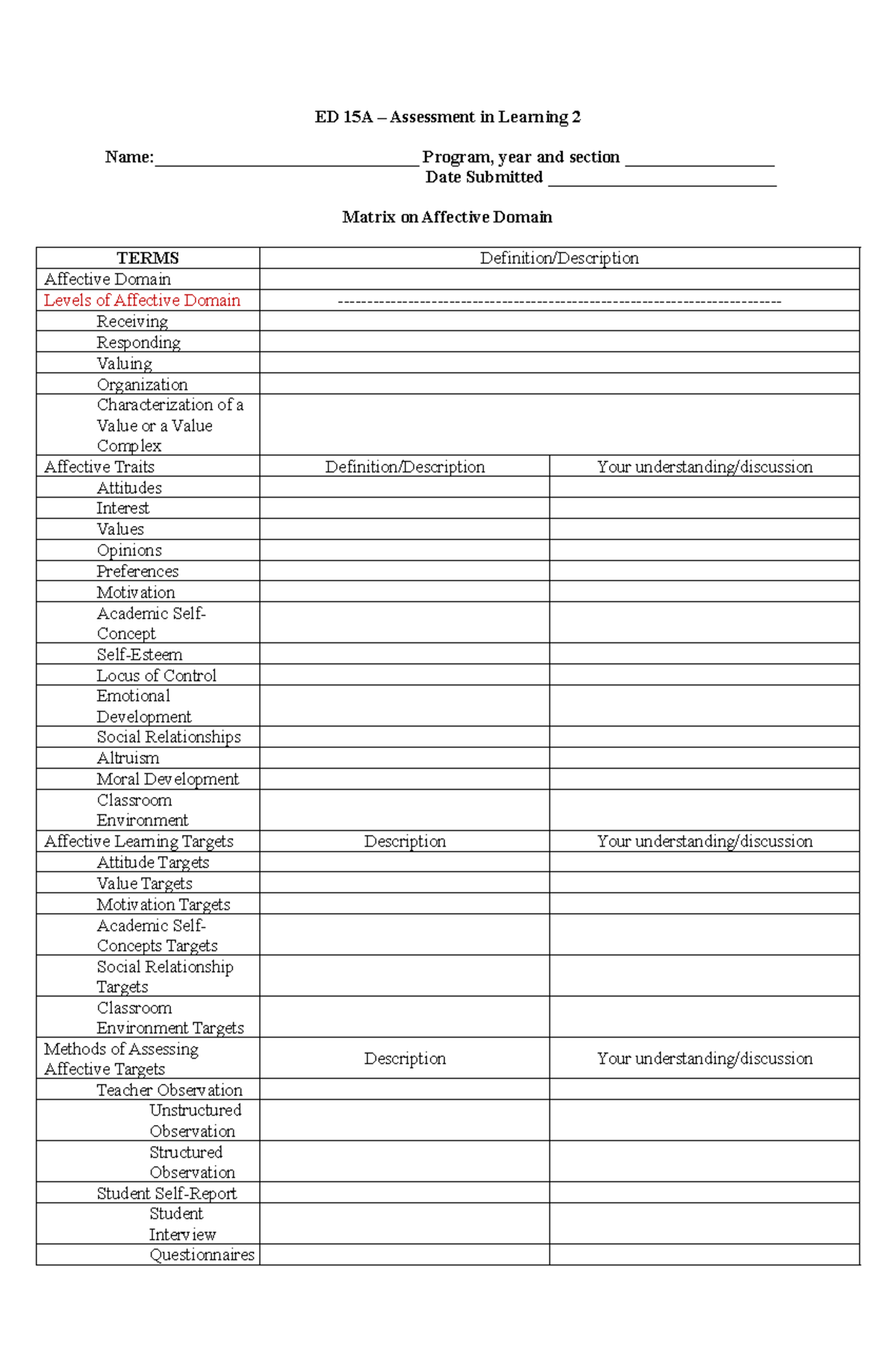 Matrix-ED-15A - ED 15A – Assessment in Learning 2 Name ...