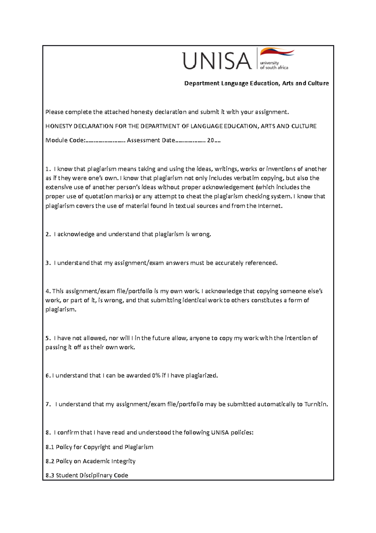 Honesty Declaration 3849b854c534625 ed87acbd58e21b601 - ISC3701 - Unisa ...