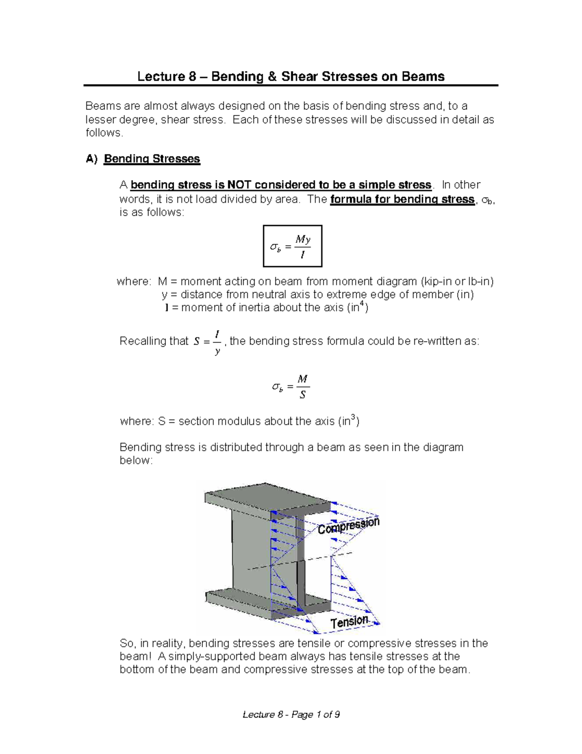 Lecture 8 – Bending and Shear Stresses on Beams - Lecture 8 – Bending ...
