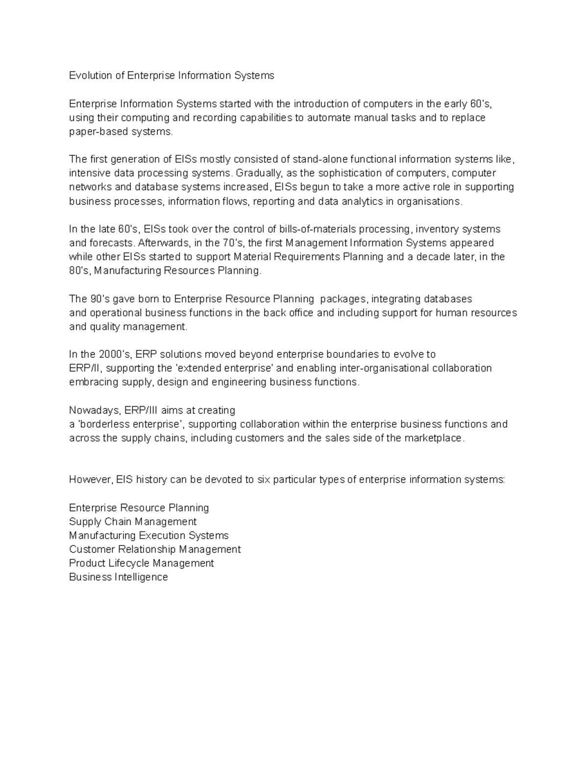 Group work, Evolution of Enterprise Information Systems - Evolution of ...