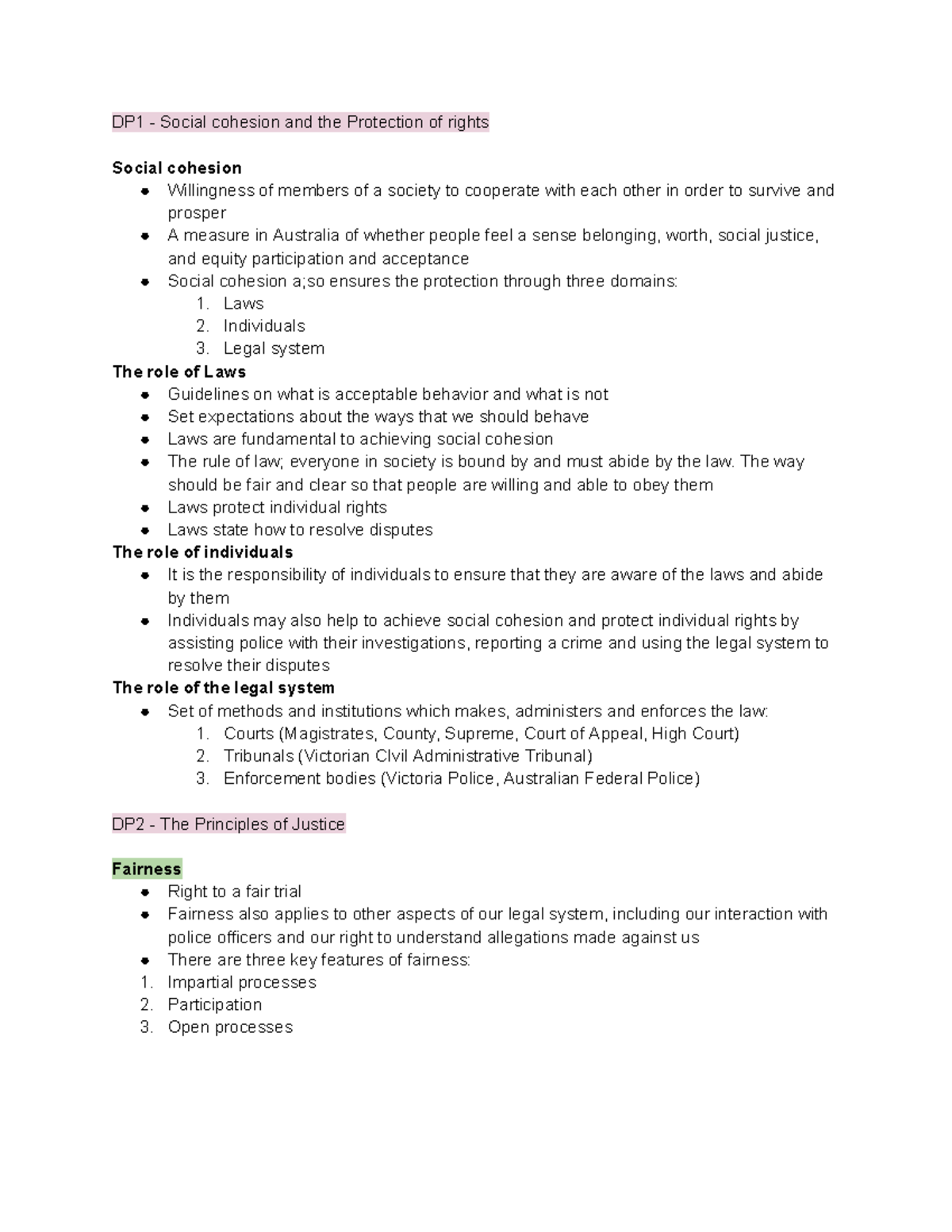 Legal studies AOS1 Notes - DP1 - Social cohesion and the Protection of ...