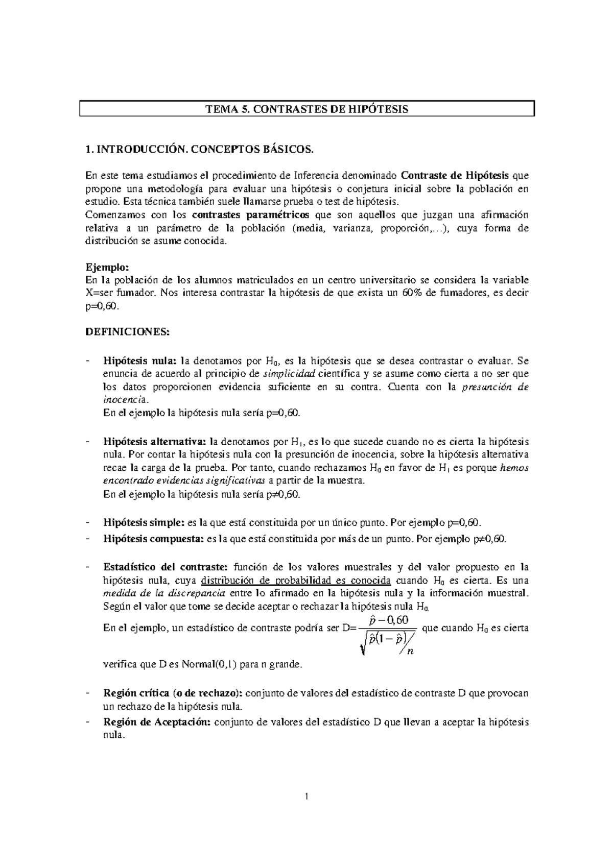 Tema Nº5 Contrastes De HipÓtesis EstadÍstica Tema 5 Contrastes De
