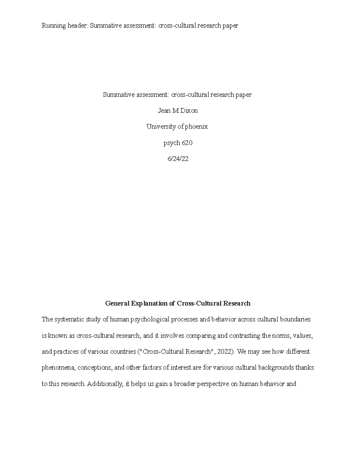 Psy620 week2 Assignment - Running header: Summative assessment: cross ...