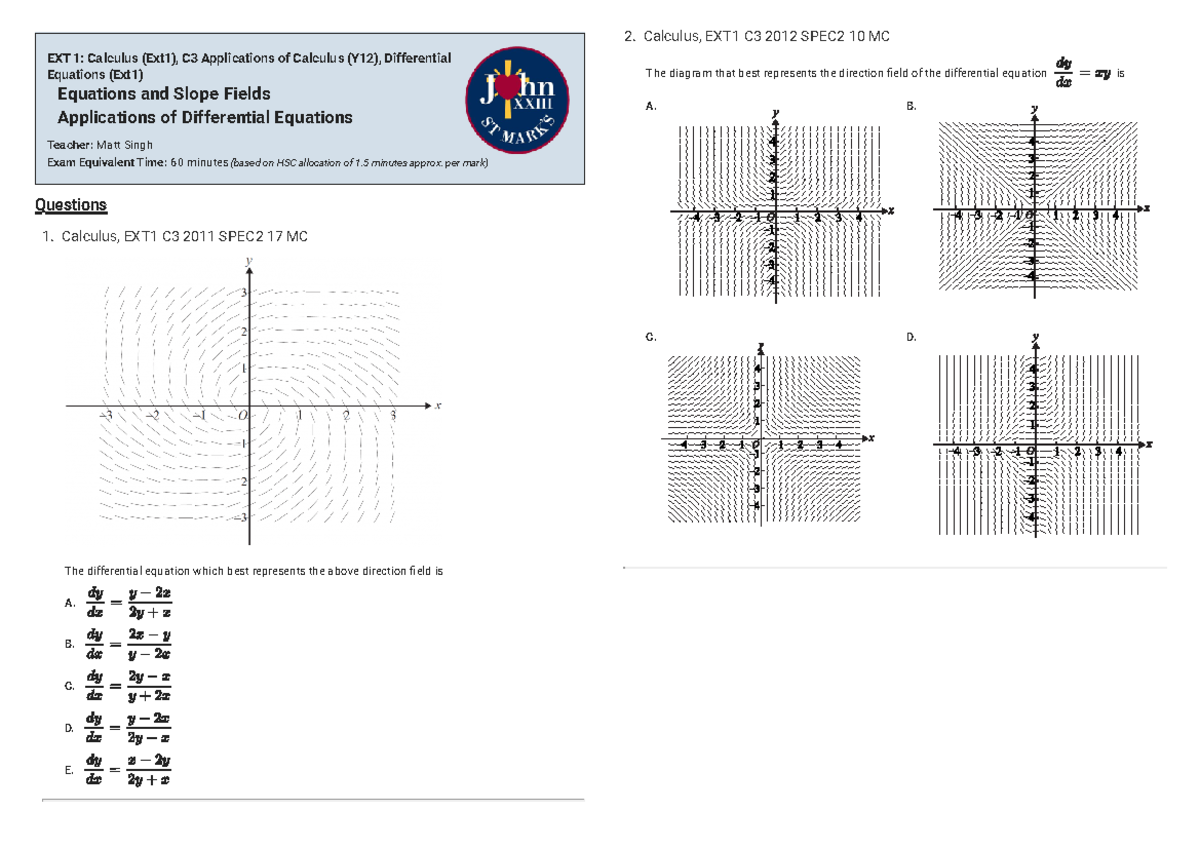 Differential Equations - 1. Calculus, EXT1 C3 2011 SPEC2 17 MC EXT 1 ...