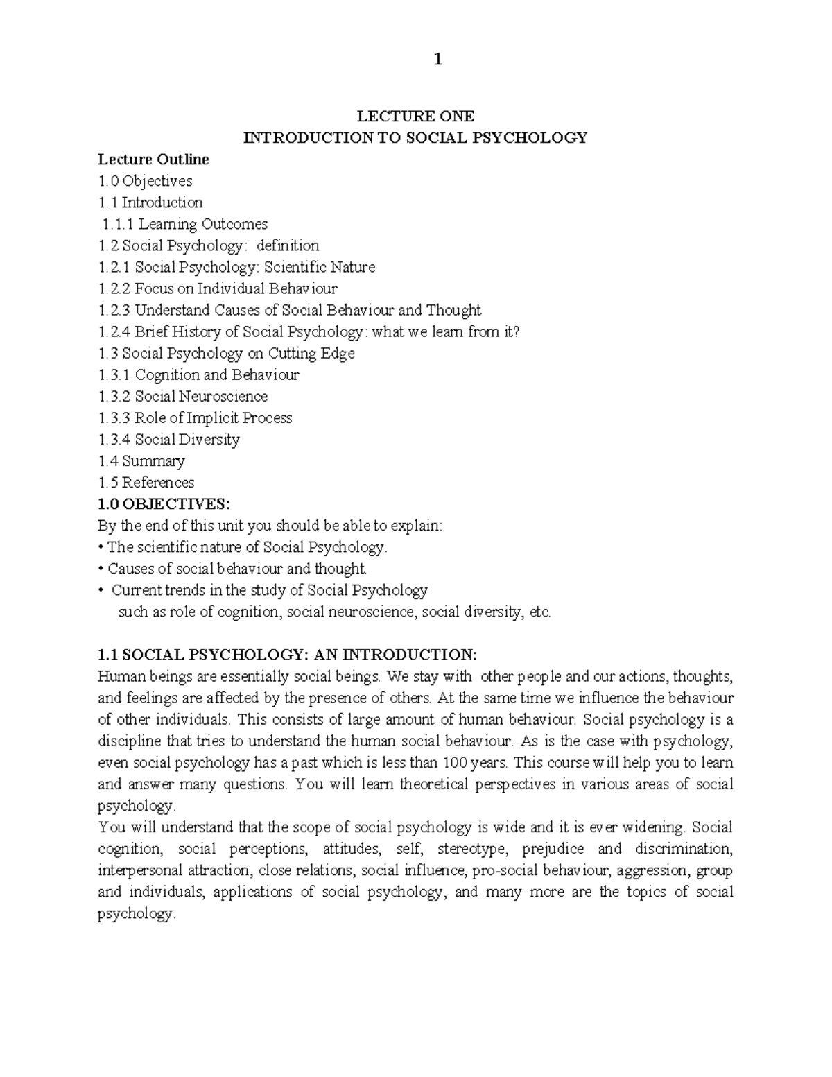 Lecture ONE - Summary Psychology - LECTURE ONE INTRODUCTION TO SOCIAL PSYCHOLOGY Lecture Outline ...