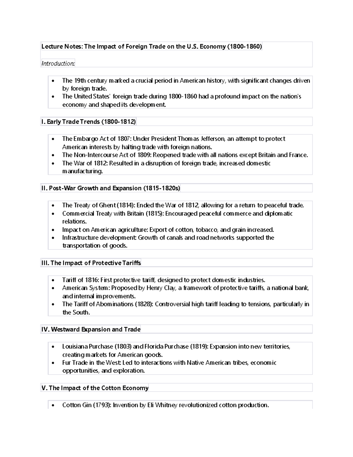 Lecture Notes The Impact of Foreign Trade on the U.S. Economy 1800-1860 ...