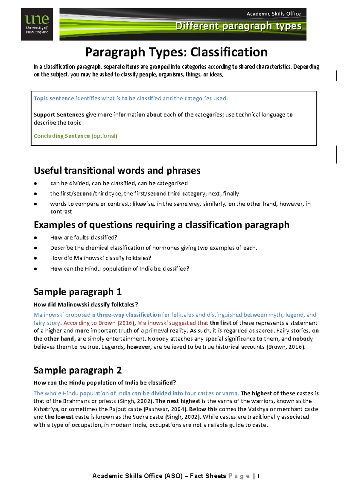 Paragraph Class - Academic Skills Office (ASO) – Fact Sheets P a g e ...