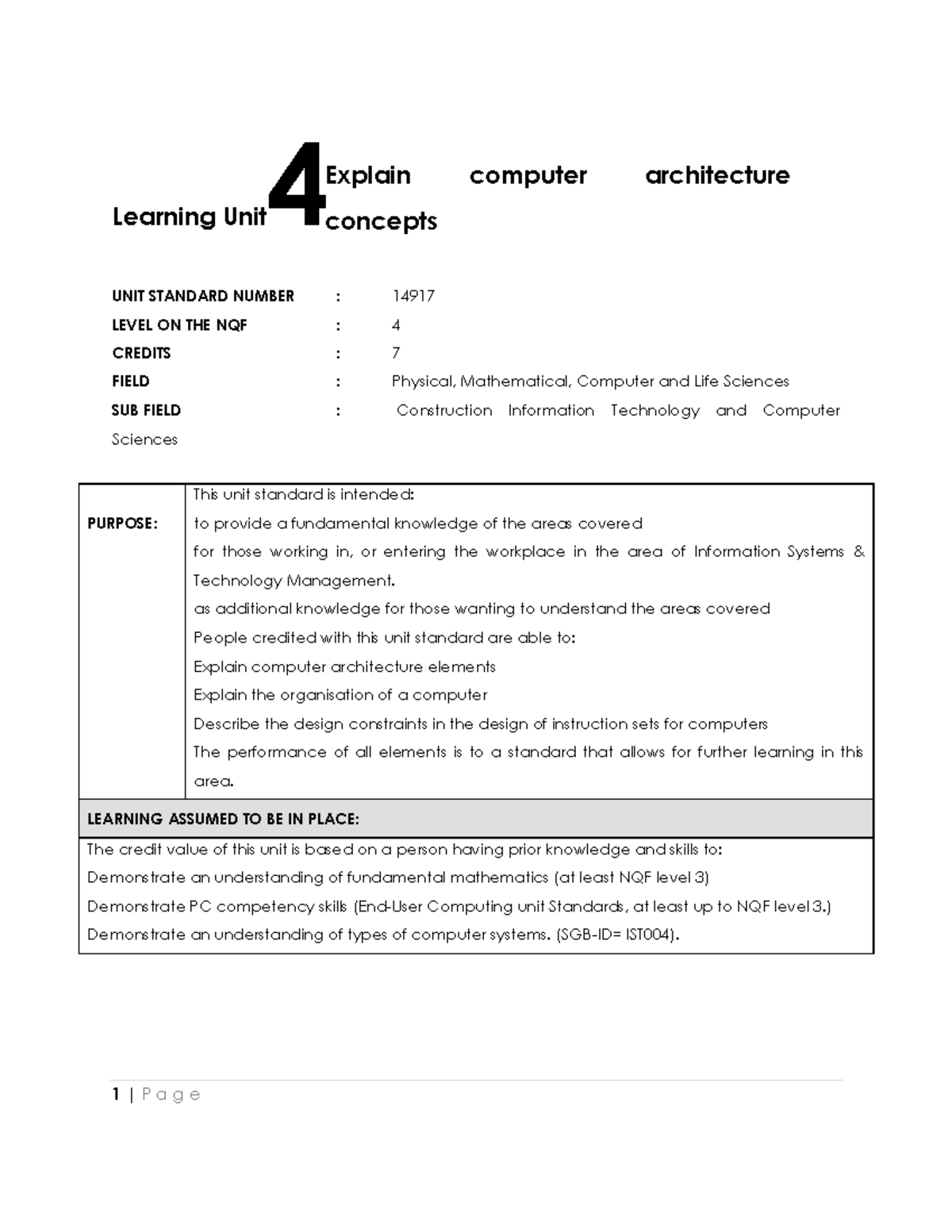 Explain computer architecture concepts - Learning Unit 4 UNIT STANDARD NUMBER : 14917 LEVEL ON ...