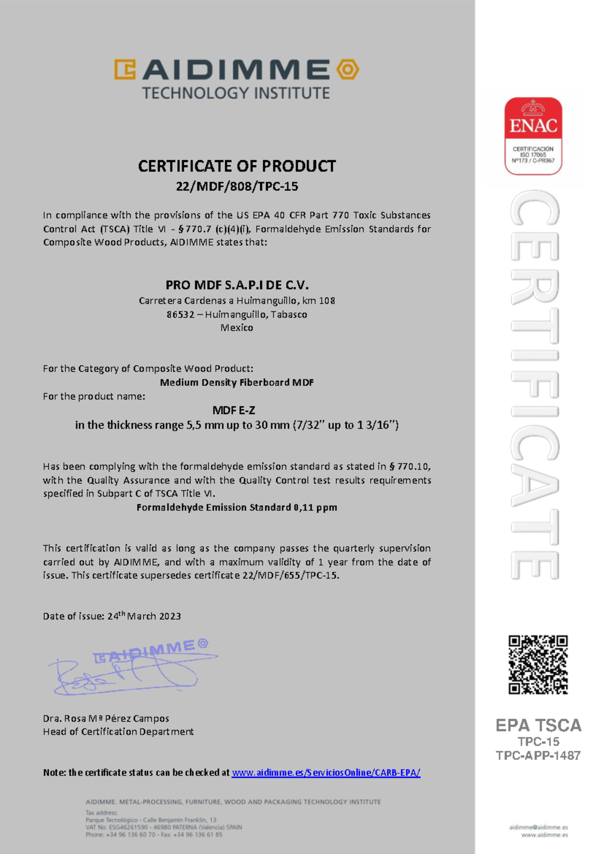 EPA Certificate 22 MDF 808 TPC 15 - CERTIFICATE OF PRODUCT 22/MDF/ 808 ...