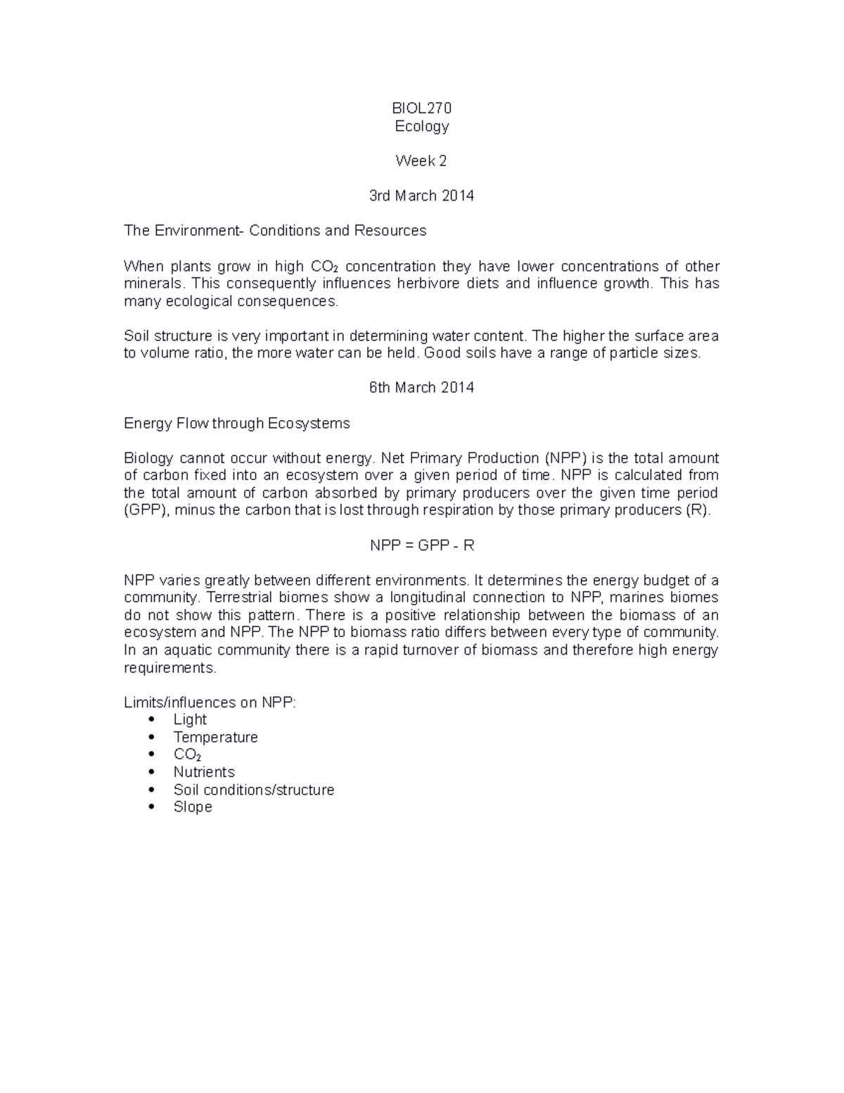 Week 2 BIOL270 - lecture notes - BIOL270 Ecology Week 2 3rd March 2014 ...