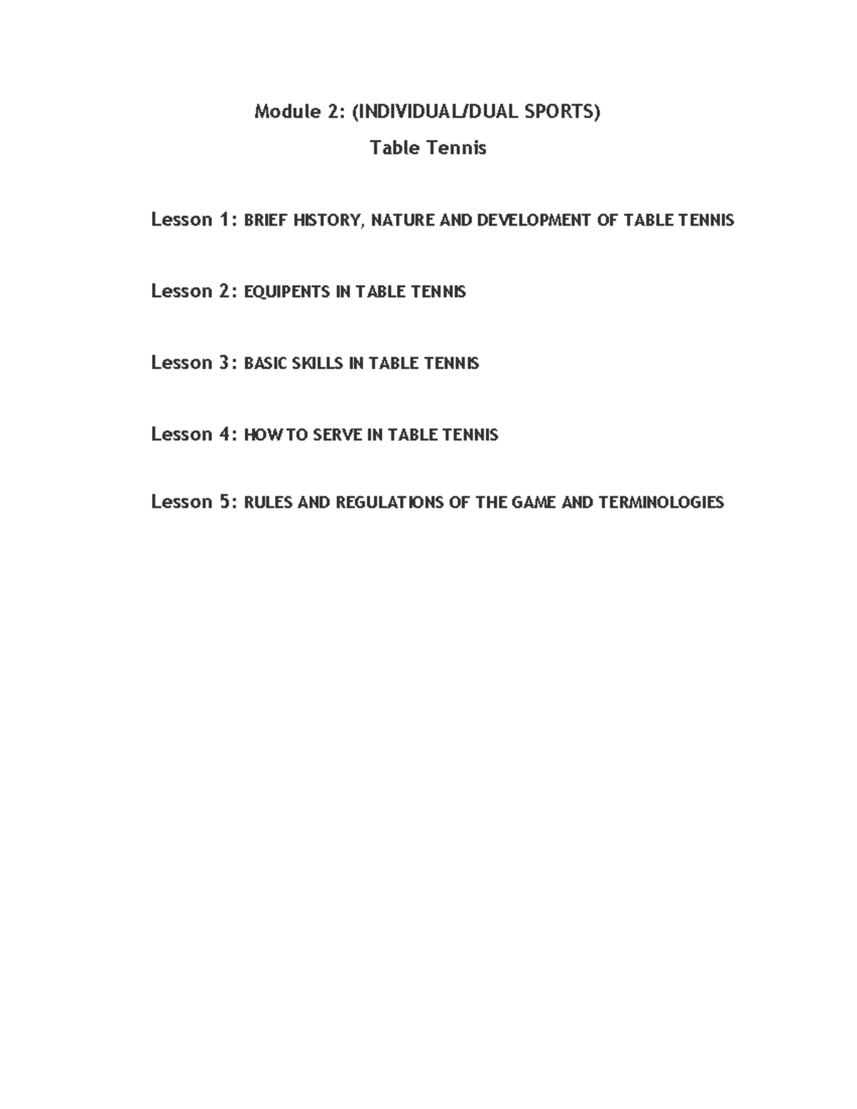 Module 2- Table Tennis - Module 2: (INDIVIDUAL/DUAL SPORTS) Table ...