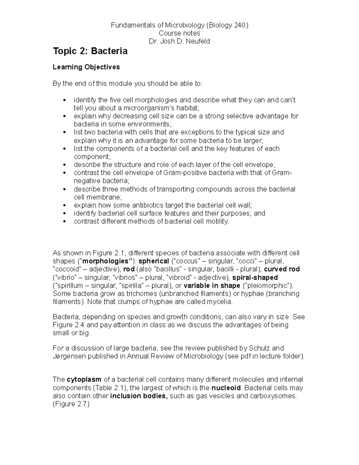 Topic 2 notes - Fundamentals of Microbiology (Biology 240) Course notes ...