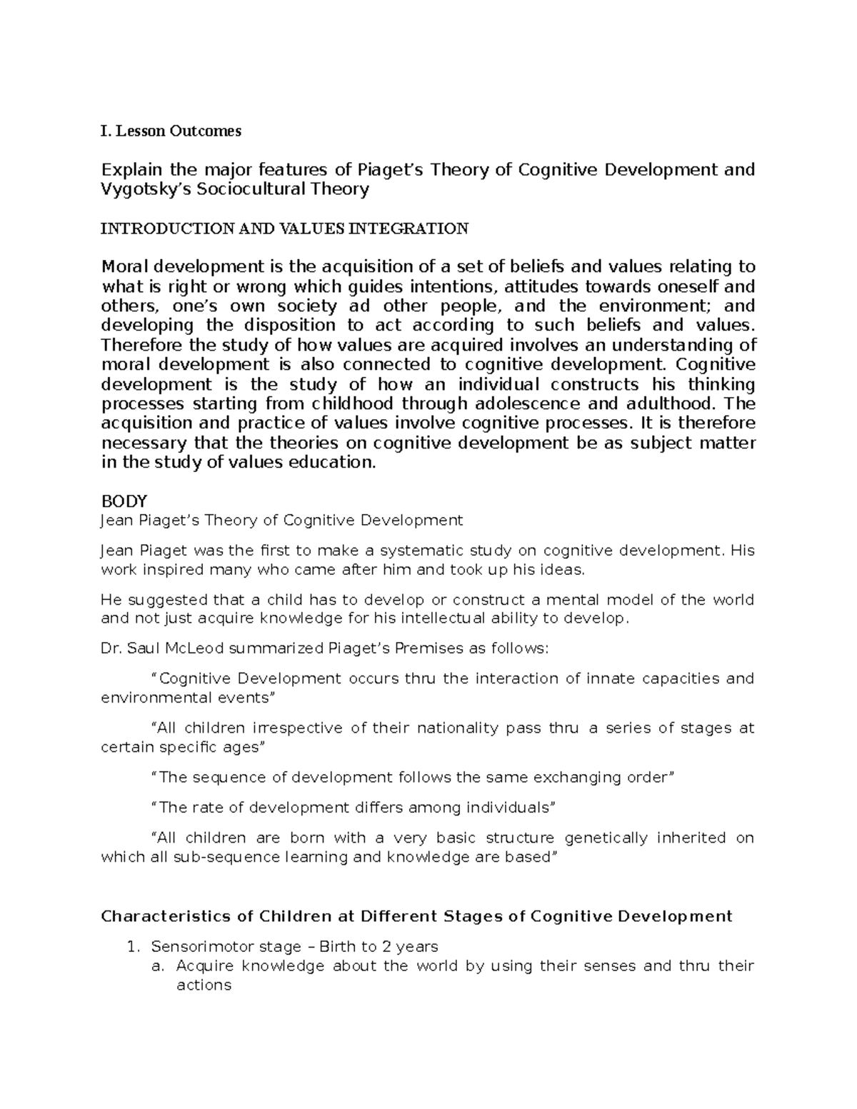 Module 2 Psychological Theories - I. Lesson Outcomes Explain the major ...
