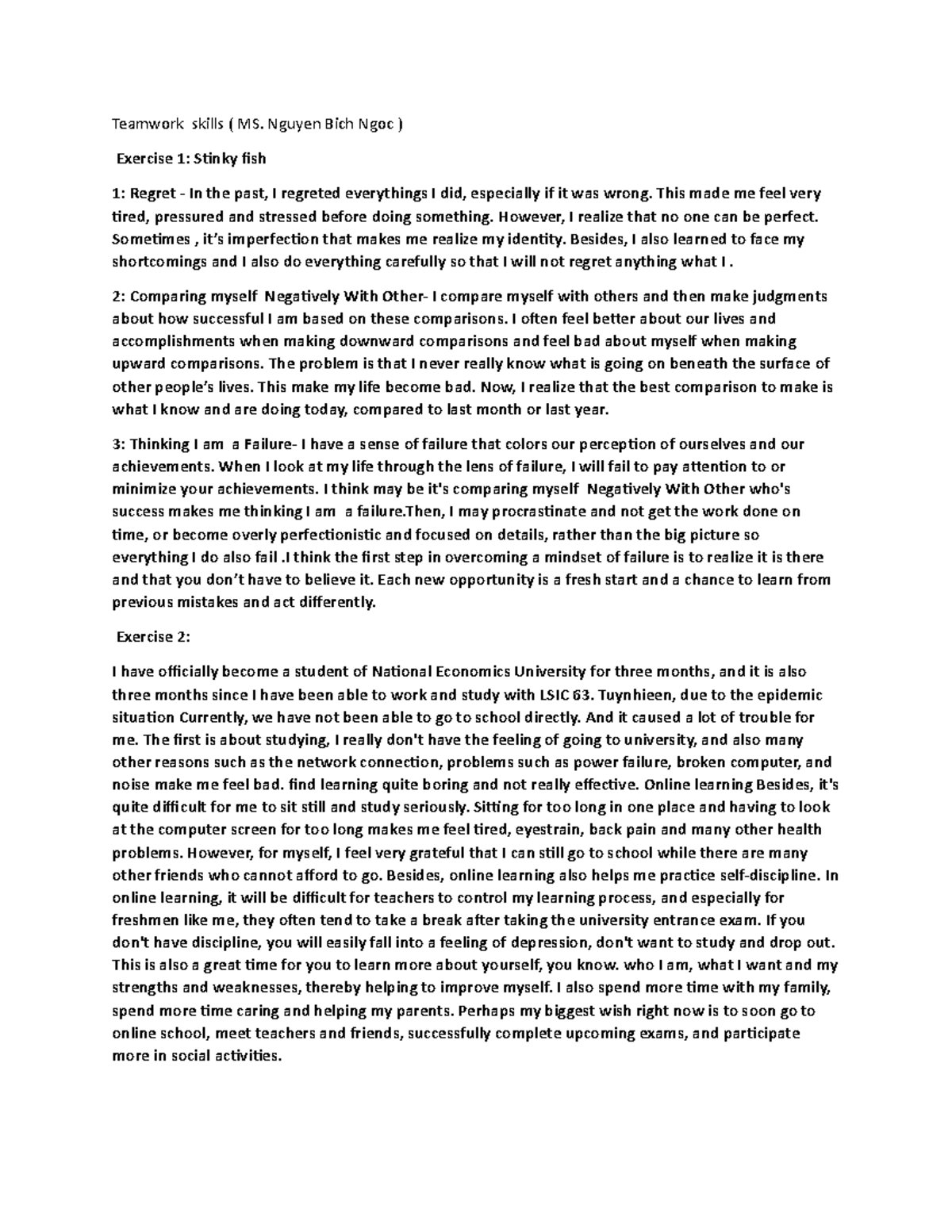 Teamwork skills - Nguyen Bich Ngoc ) Exercise 1: Stinky fish 1: Regret ...