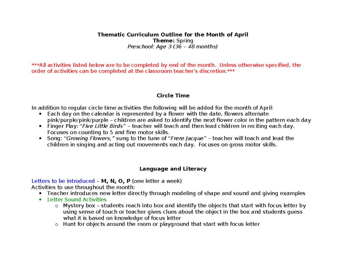 ECED 201 Thematic Curriculum Outlined - Thematic Curriculum Outline for ...