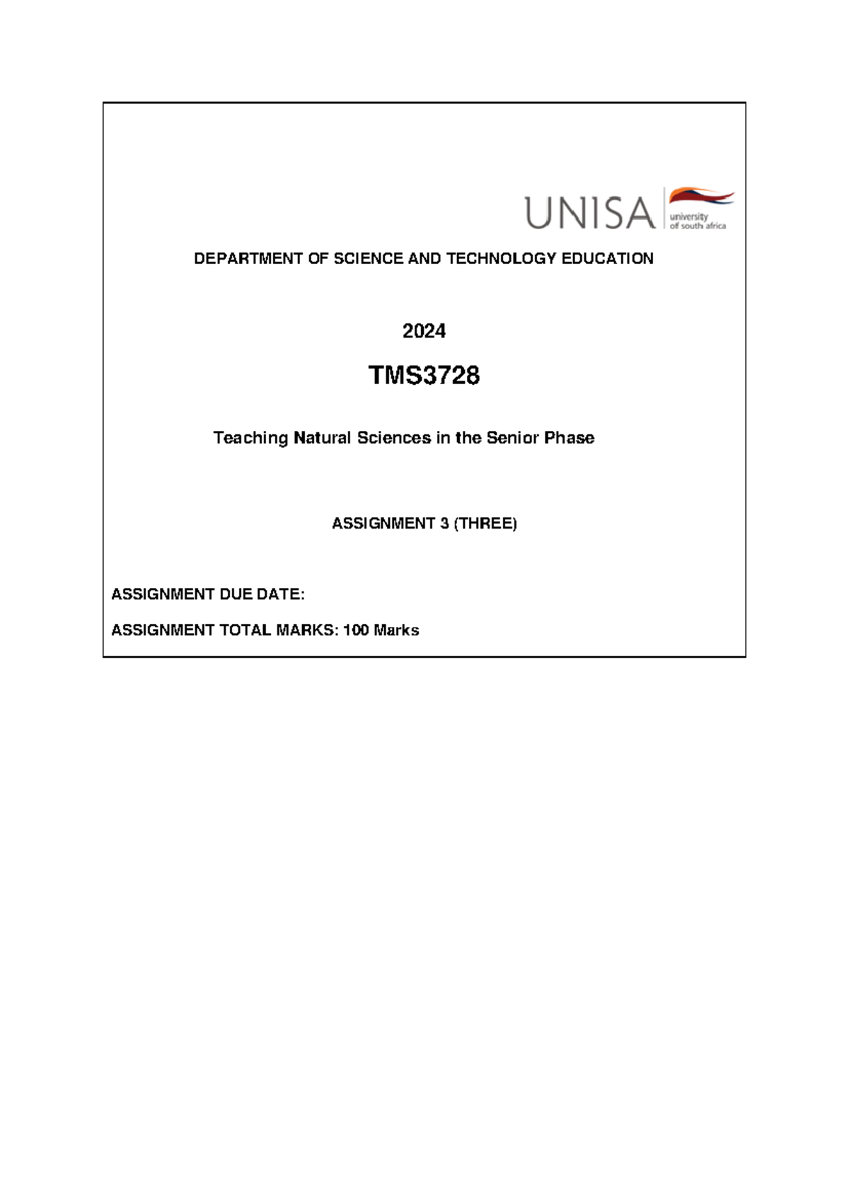 TMS 3728 Assignment 3 2024 - DEPARTMENT OF SCIENCE AND TECHNOLOGY ...