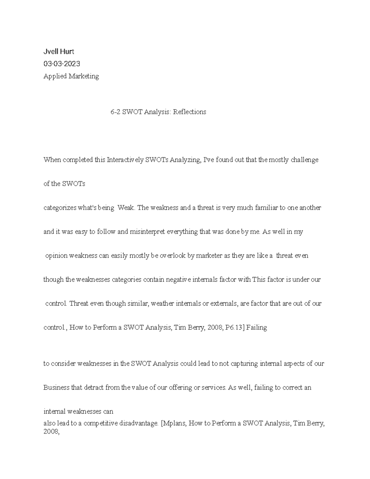 Untitled document (21) - Jvell Hurt 03-03- Applied Marketing 6-2 SWOT ...