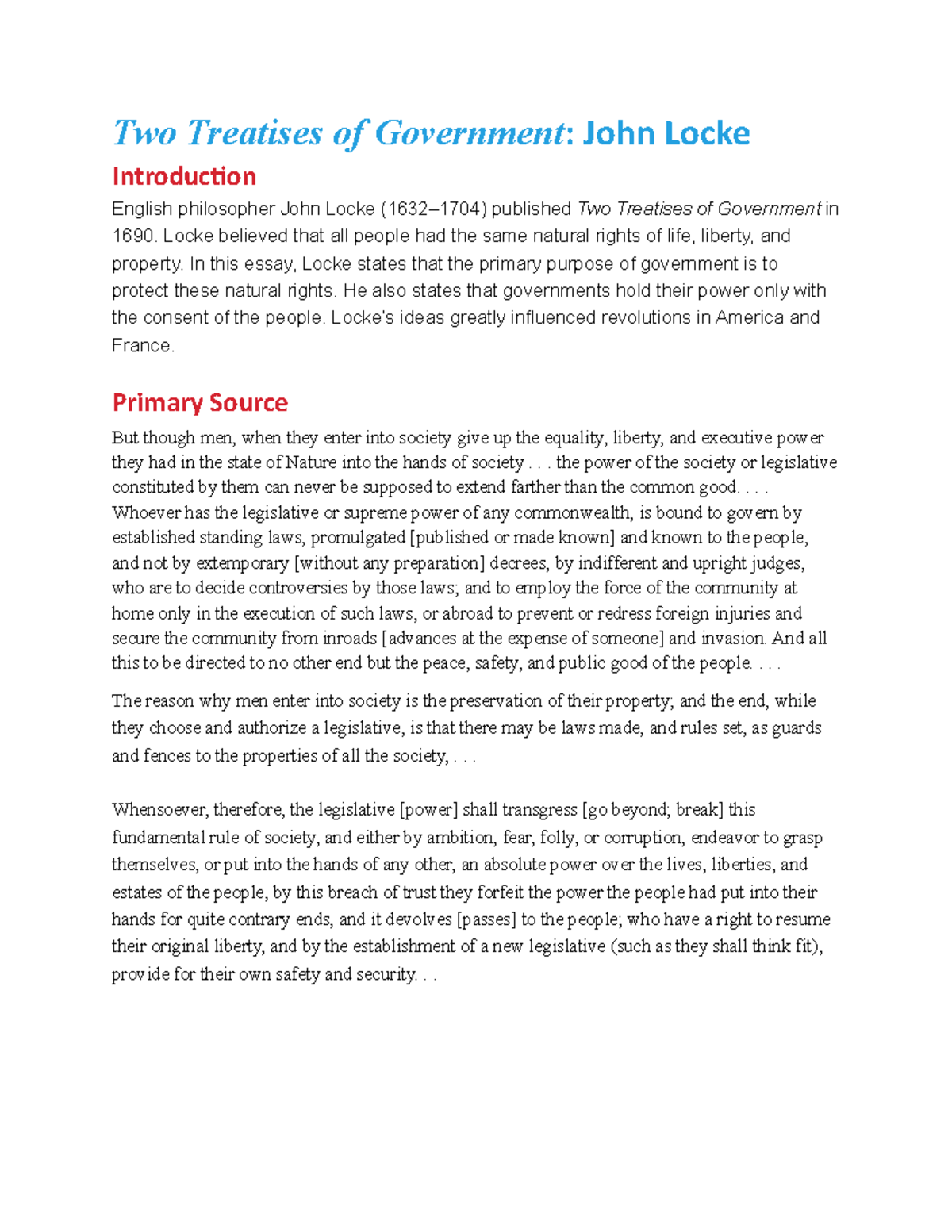 Two Treatises of Government document and questions - Two Treatises of ...