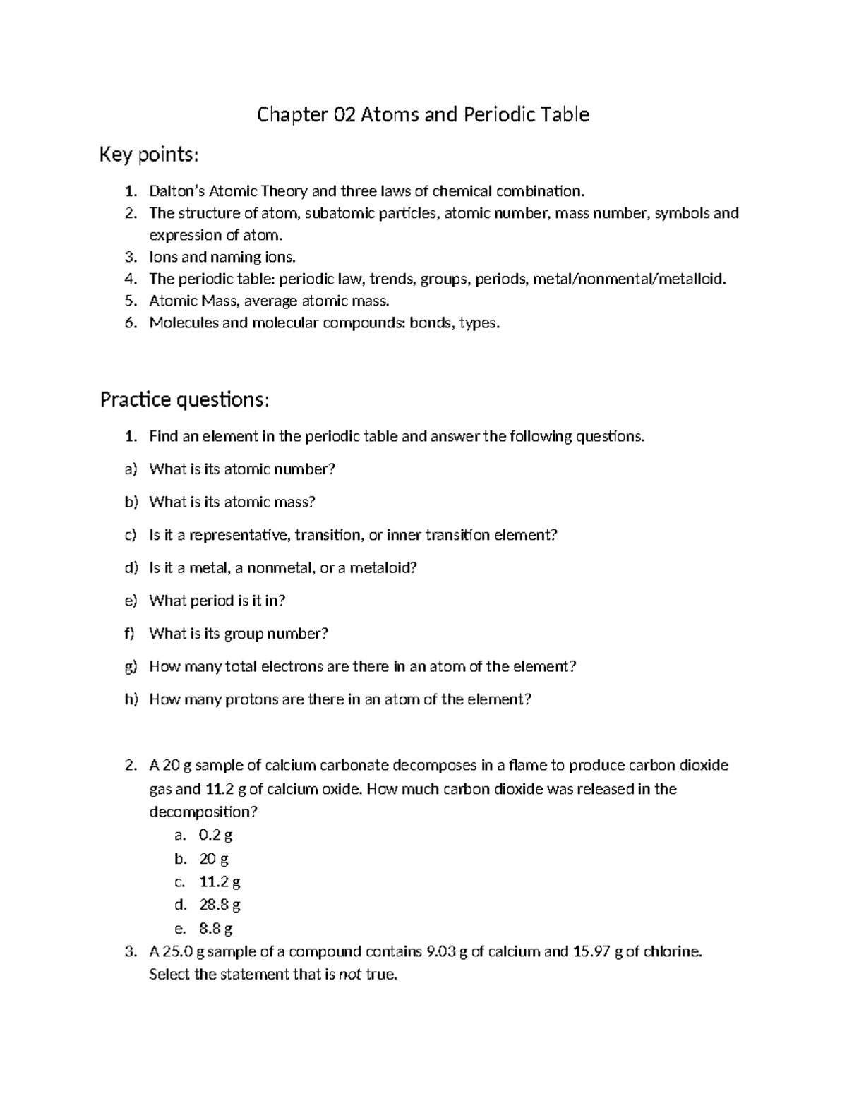 Chapter 2 PLTL Practices - Chapter 02 Atoms and Periodic Table Key ...