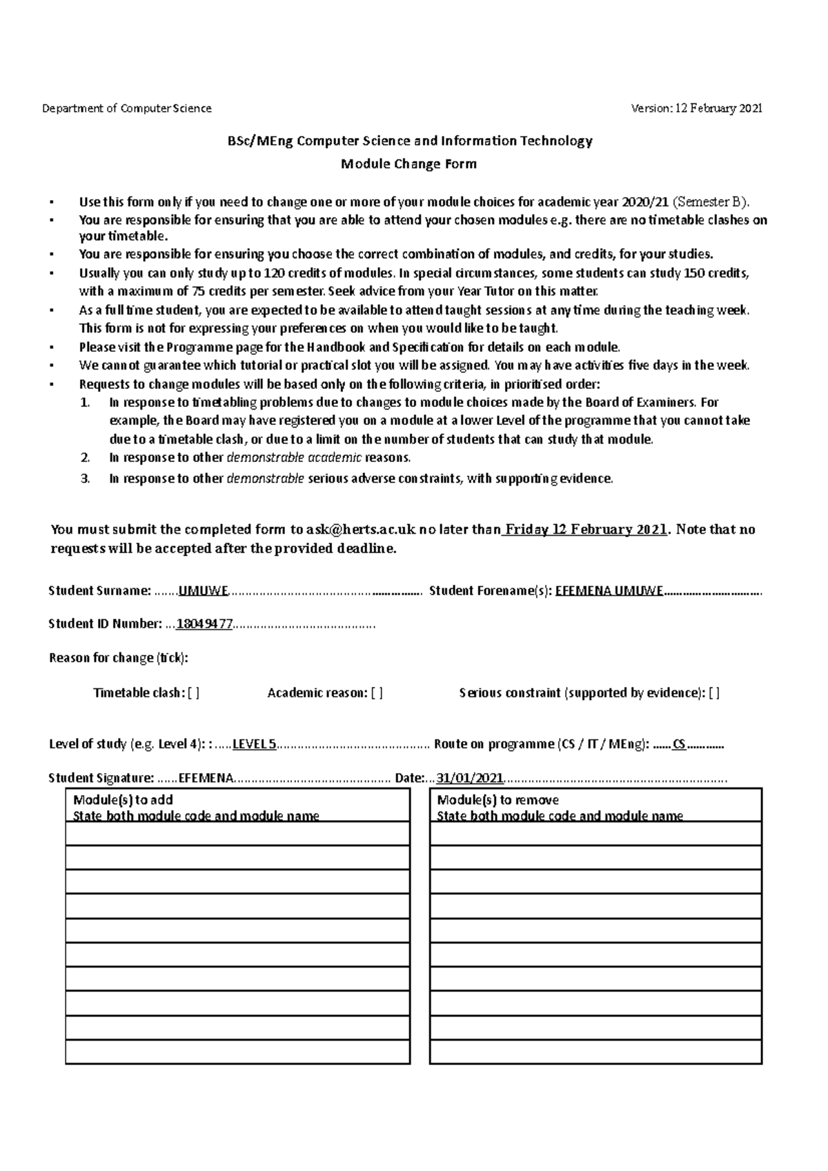 BSc CSIT Module Change Form 2020-21(Semester B)-3 - Department of ...