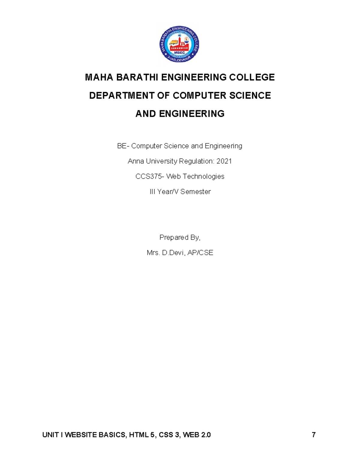 Wt question bank - WEB TECH - MAHA BARATHI ENGINEERING COLLEGE DEPARTMENT OF COMPUTER SCIENCE ...