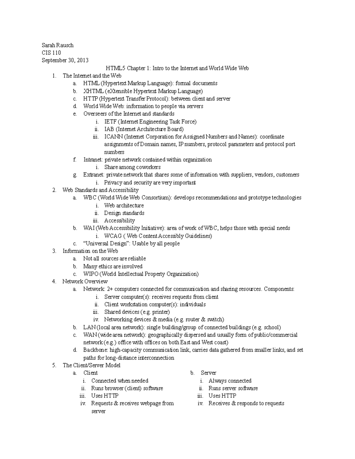 Chapter 1 HTML5 CIS110 Notes - Sarah Rausch CIS 110 September 30, 2013 ...