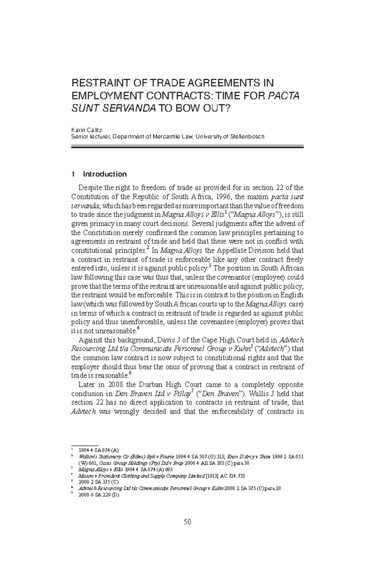 “Restraint of trade agreements in employment contracts - 50 RESTRAINT ...