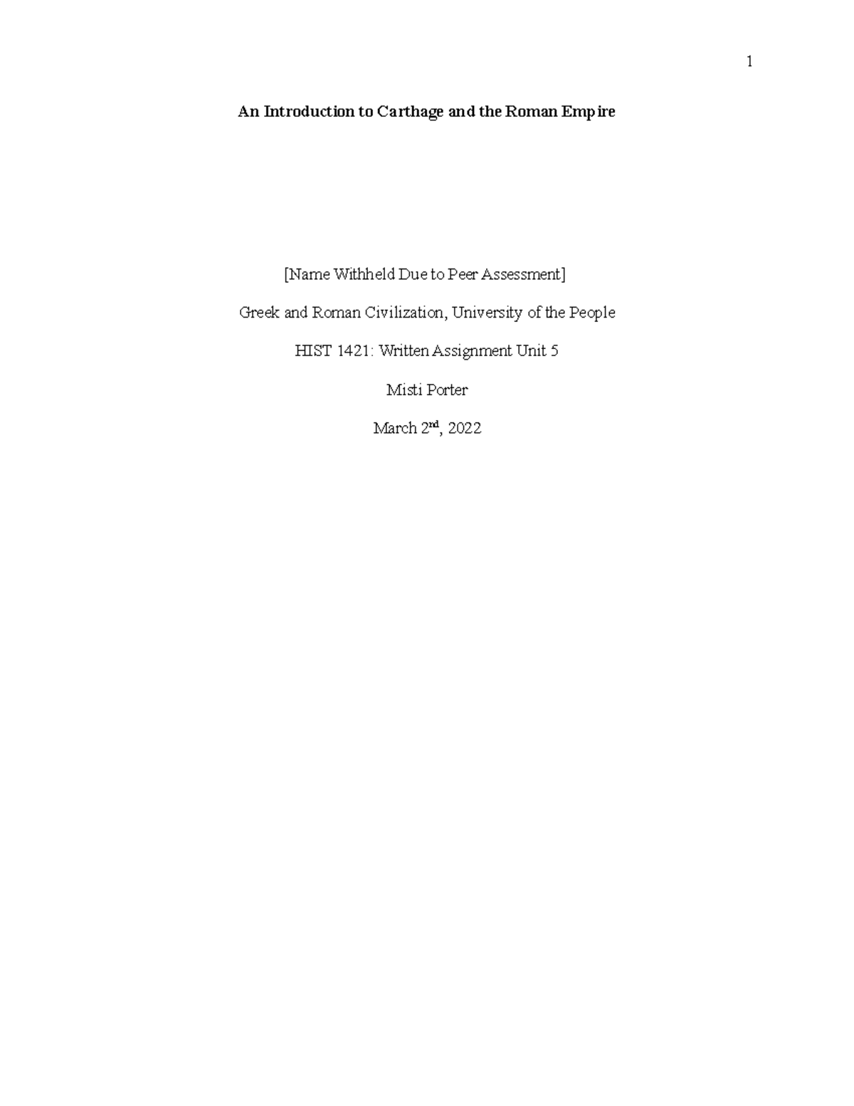 An Introduction to Carthage and Roman Empire - Written Assignment Unit ...